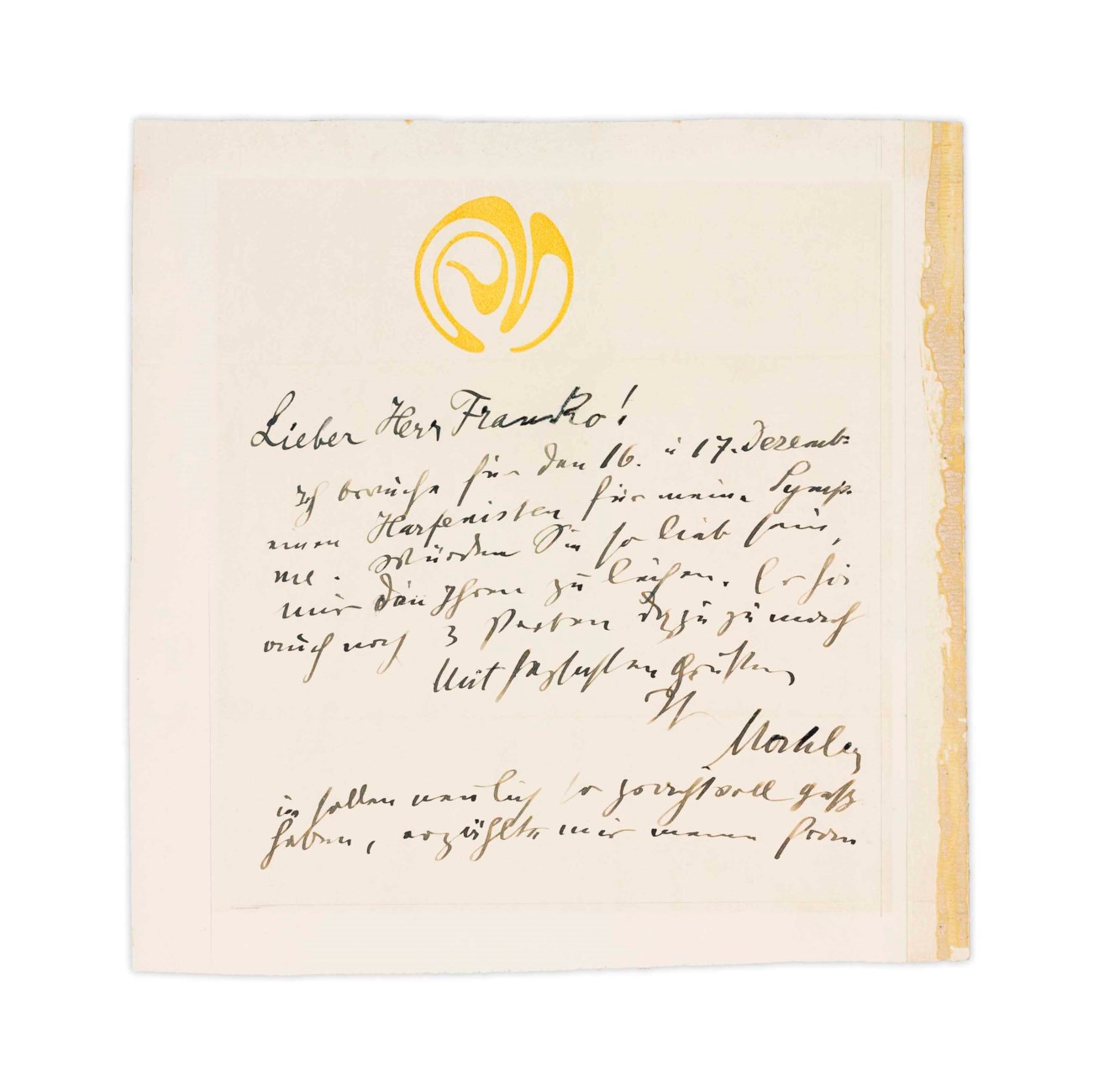 MAHLER, Gustav (1860-1911). Autograph letter signed ('Mahler') to ...