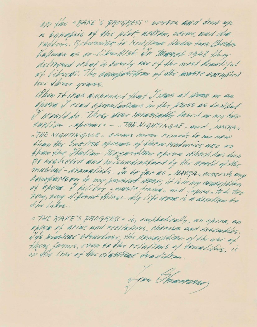 STRAVINSKY, Igor (1882-1971). Autograph manuscript signed ('Igor ...