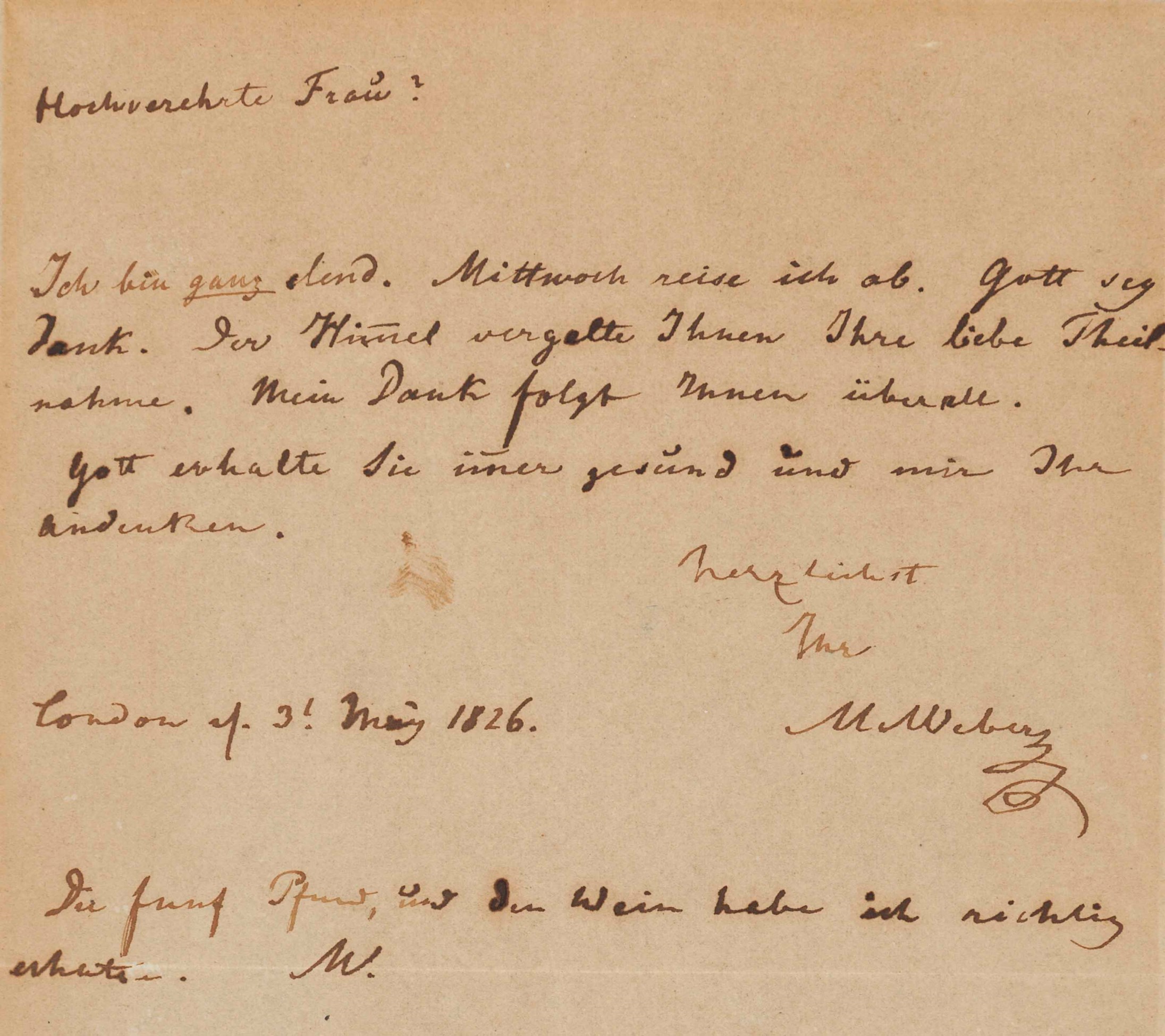 WEBER, Carl Maria von (1786-1826). Autograph letter signed ('[C.]M. v ...