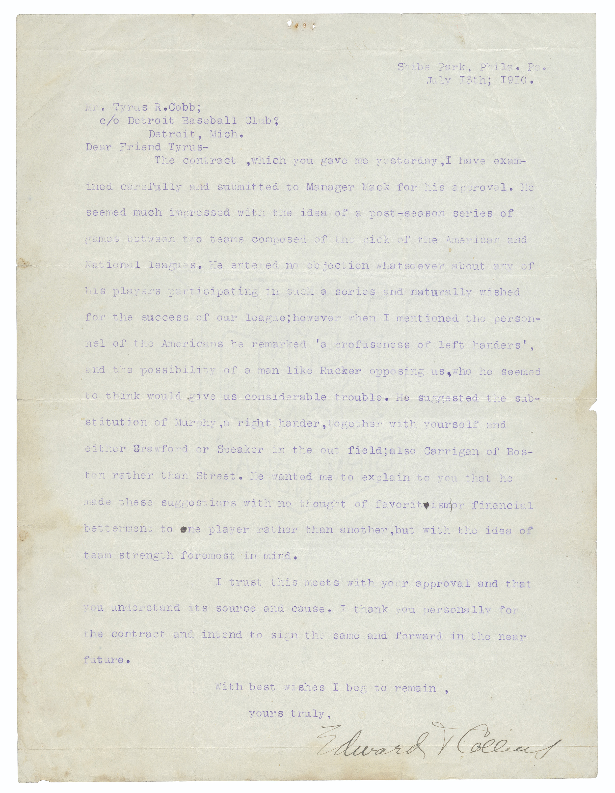 EDDIE COLLINS SIGNED LETTER TO TY COBB, | Christie’s