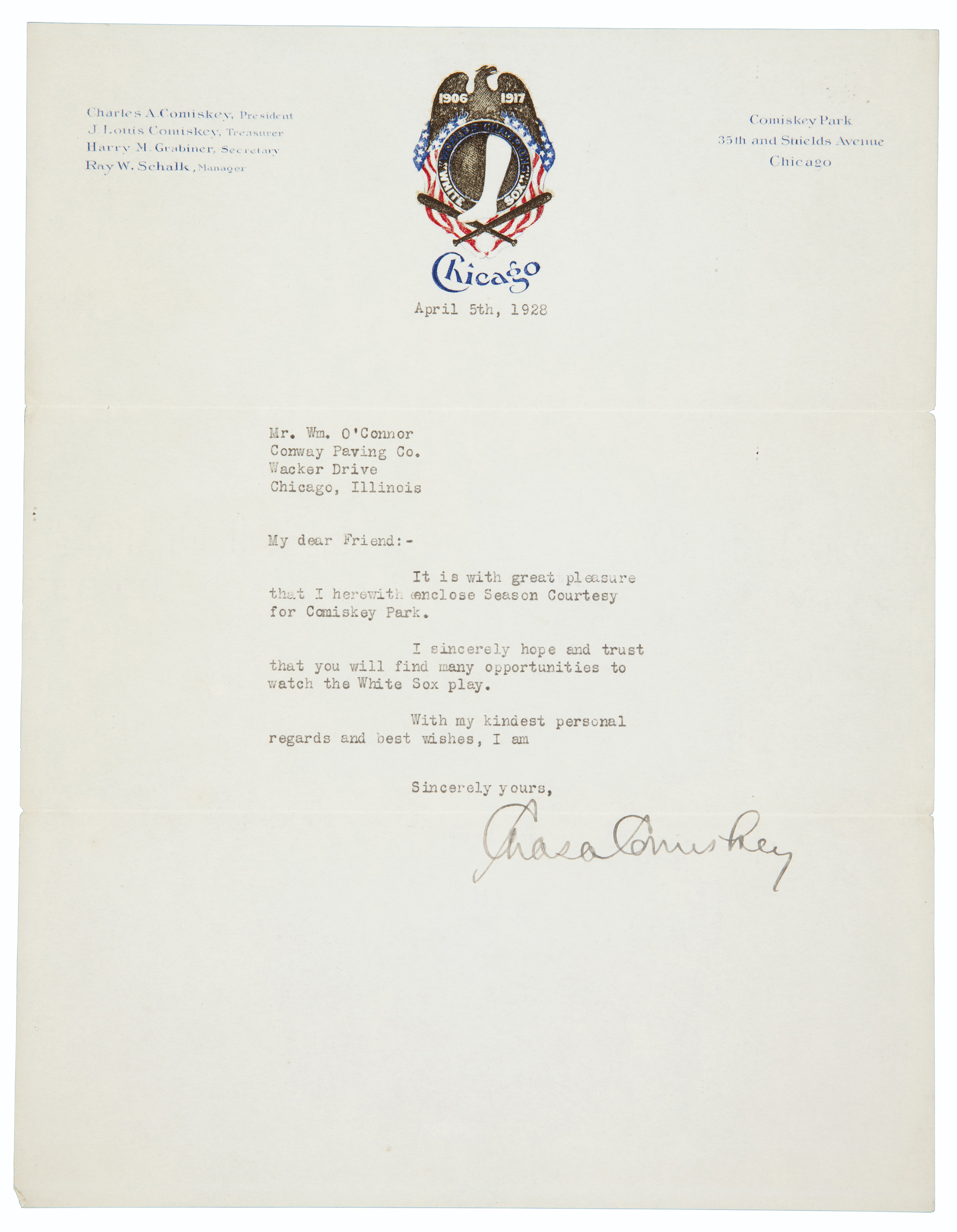 CHARLES COMISKEY LETTER COLLECTION, | Christie’s
