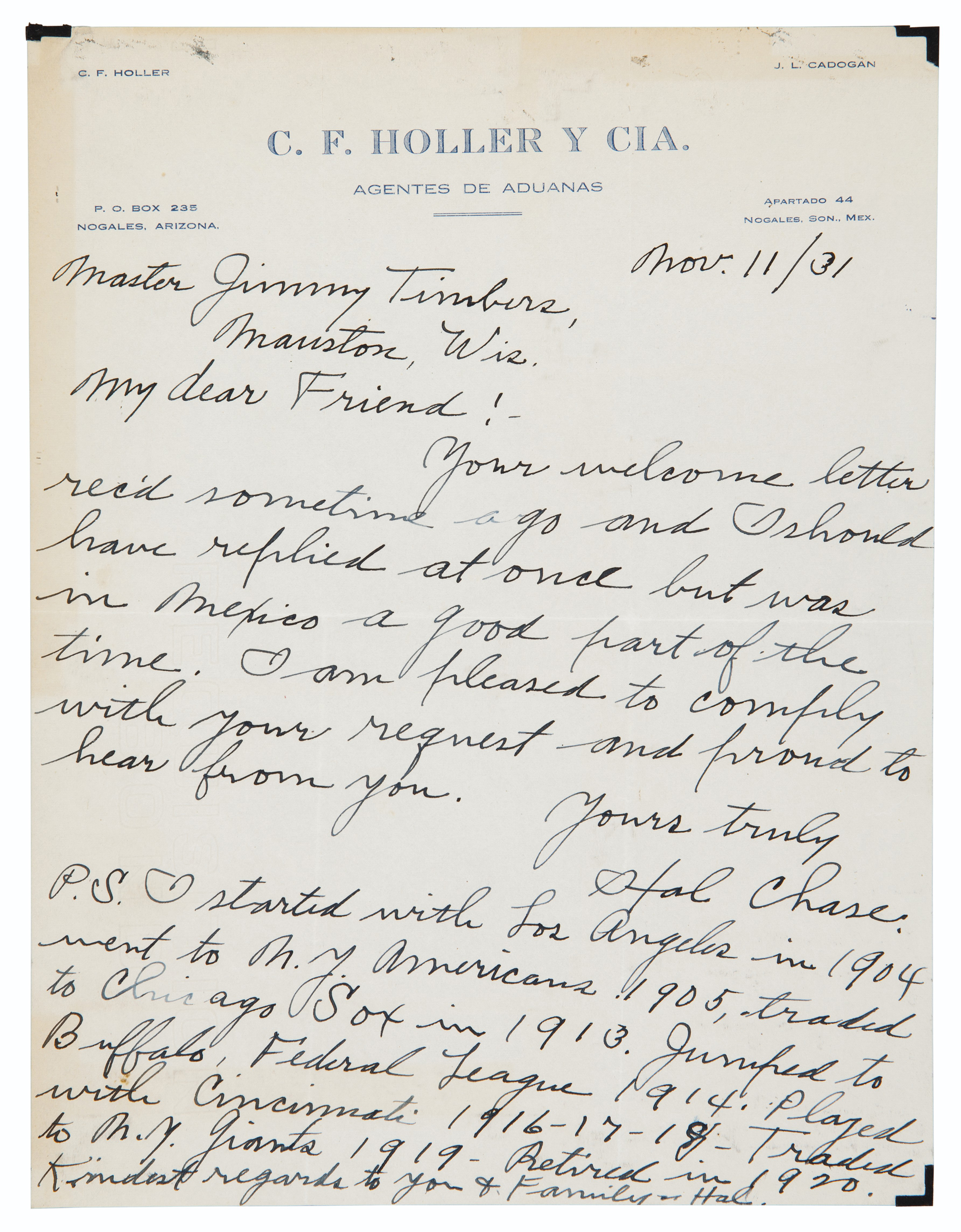 HAL CHASE SIGNED LETTER, | Christie’s