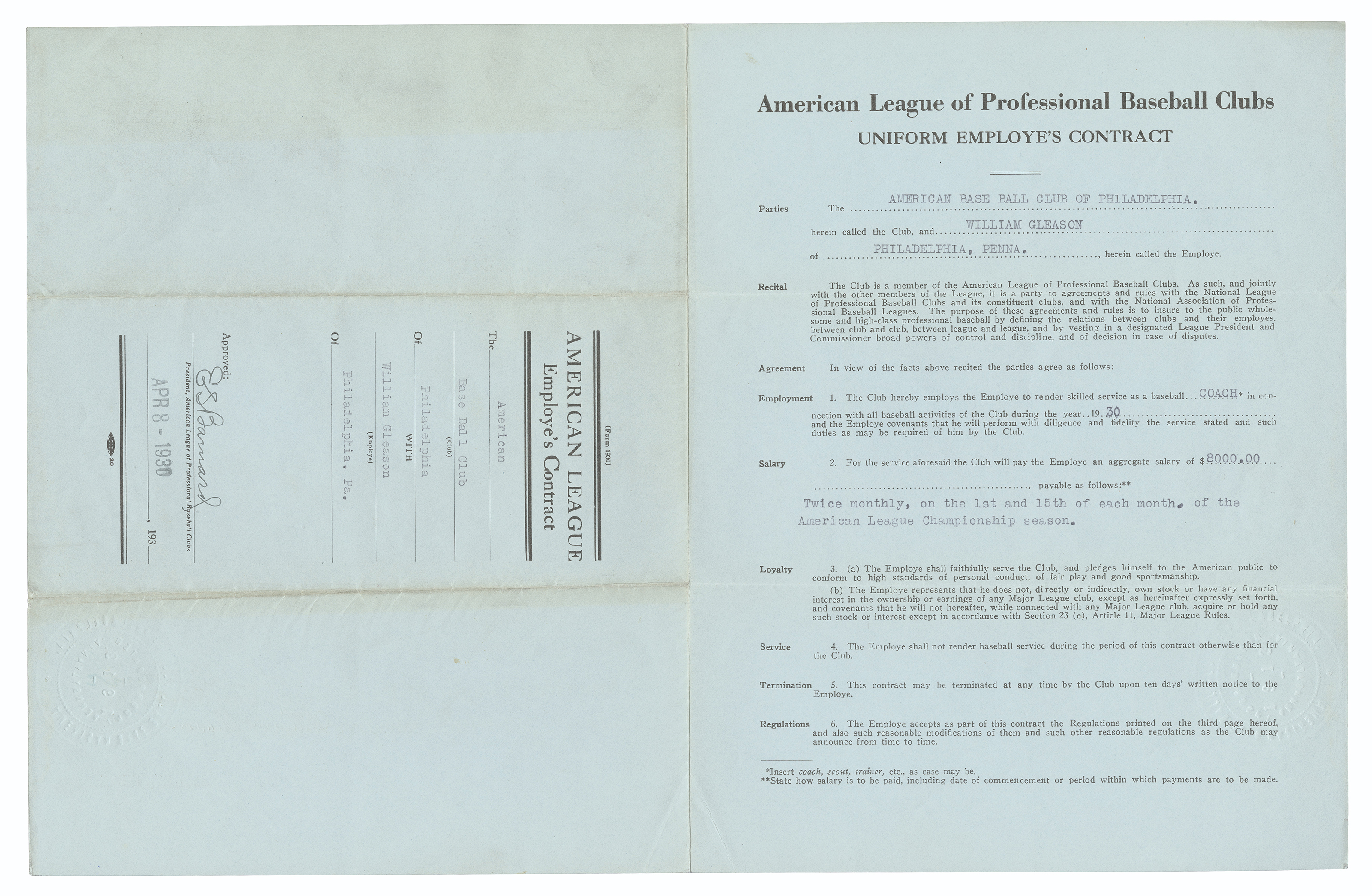 WILLIAM “KID” GLEASON SIGNED CONTRACT, | Christie’s