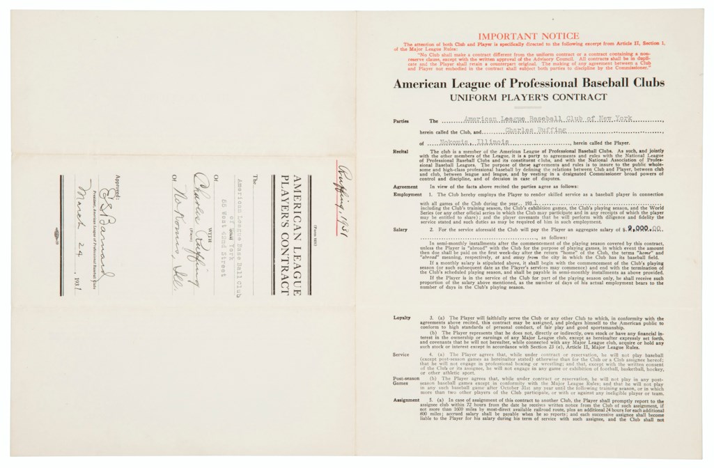 CHARLES “RED” RUFFING SIGNED CONTRACT, | Christie’s