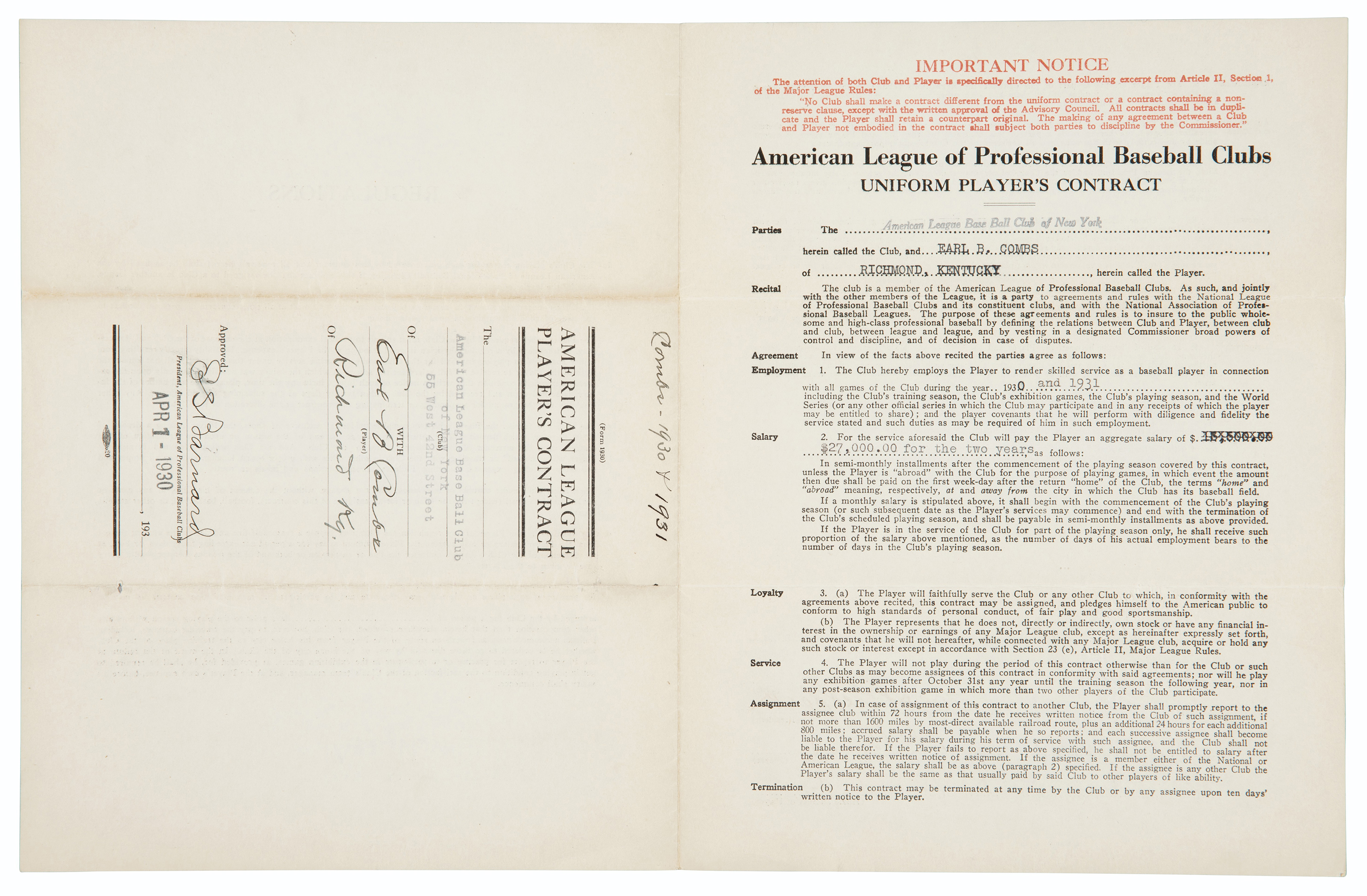 EARLE COMBS SIGNED CONTRACT, | Christie’s