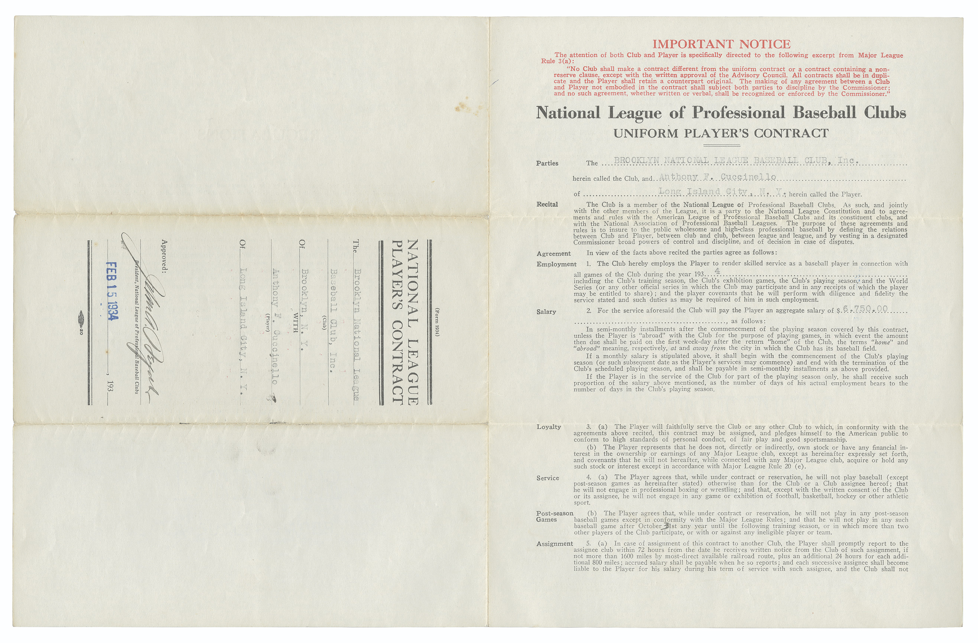 1934 BROOKLYN DODGERS CONTRACTS, | Christie’s