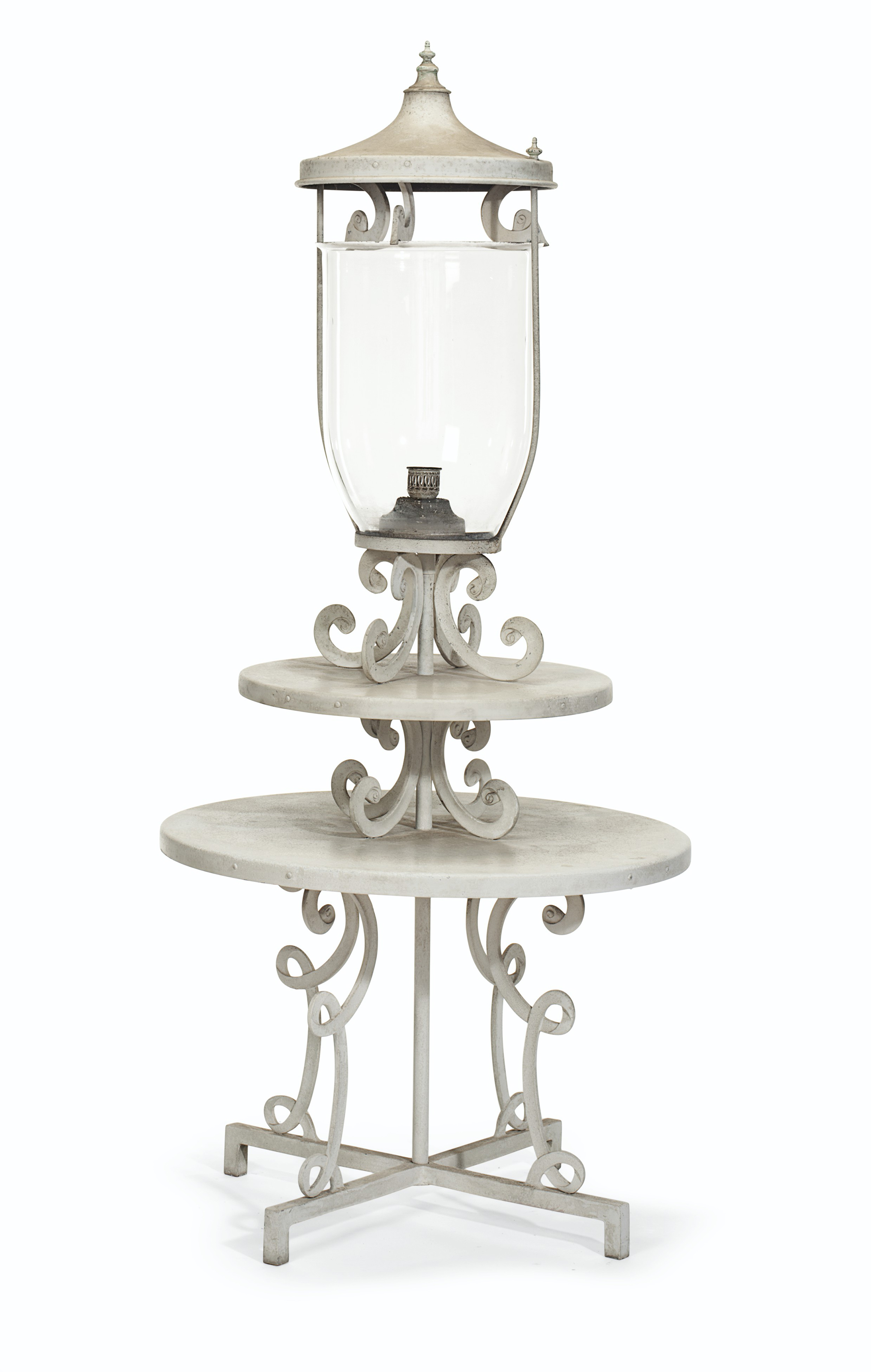 A WHITE-PAINTED METAL GARDEN TORCHERE ETAGERE, BY WILLIAM HAINES, CIRCA ...