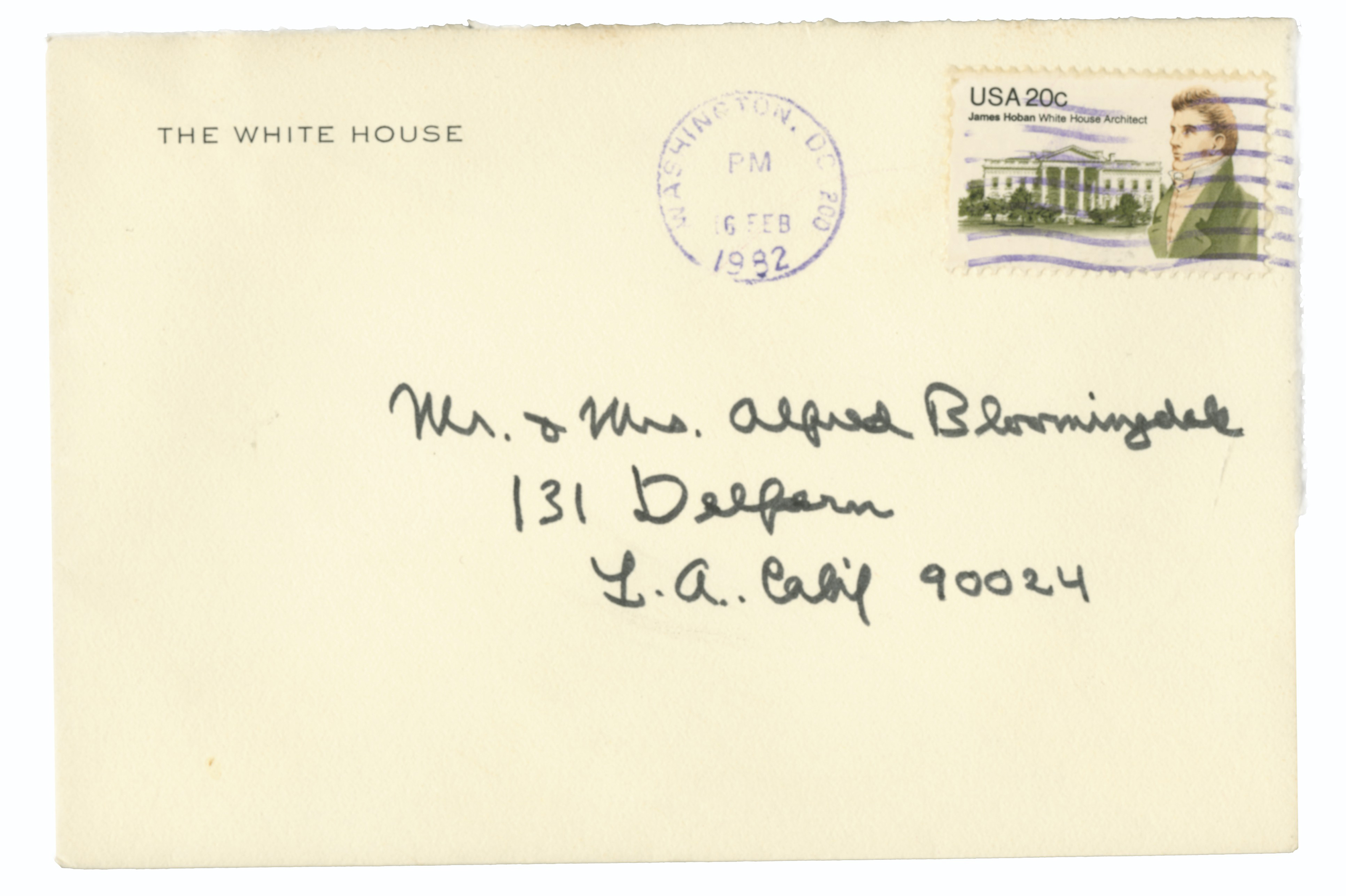 RONALD REAGAN AUTOGRAPH NOTE SIGNED AS PRESIDENT, TO THE BLOOMINGDALES ...