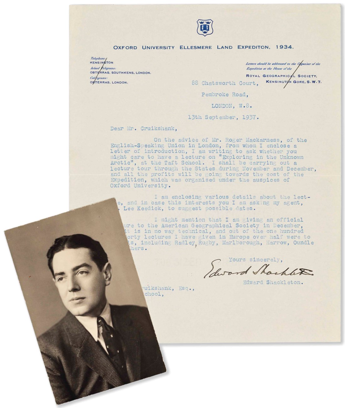 SHACKLETON, Edward A. (1911-1994). Typed letter signed (“Edward Shackleton) to Paul F ...