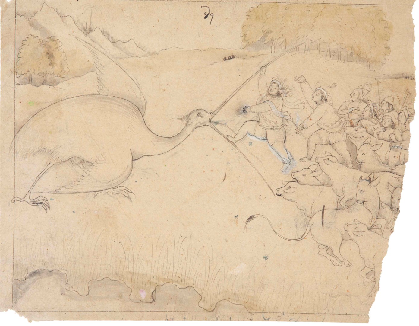 A drawing from the Bhagavata Purana: Krishna slaying the Crane Demon ...