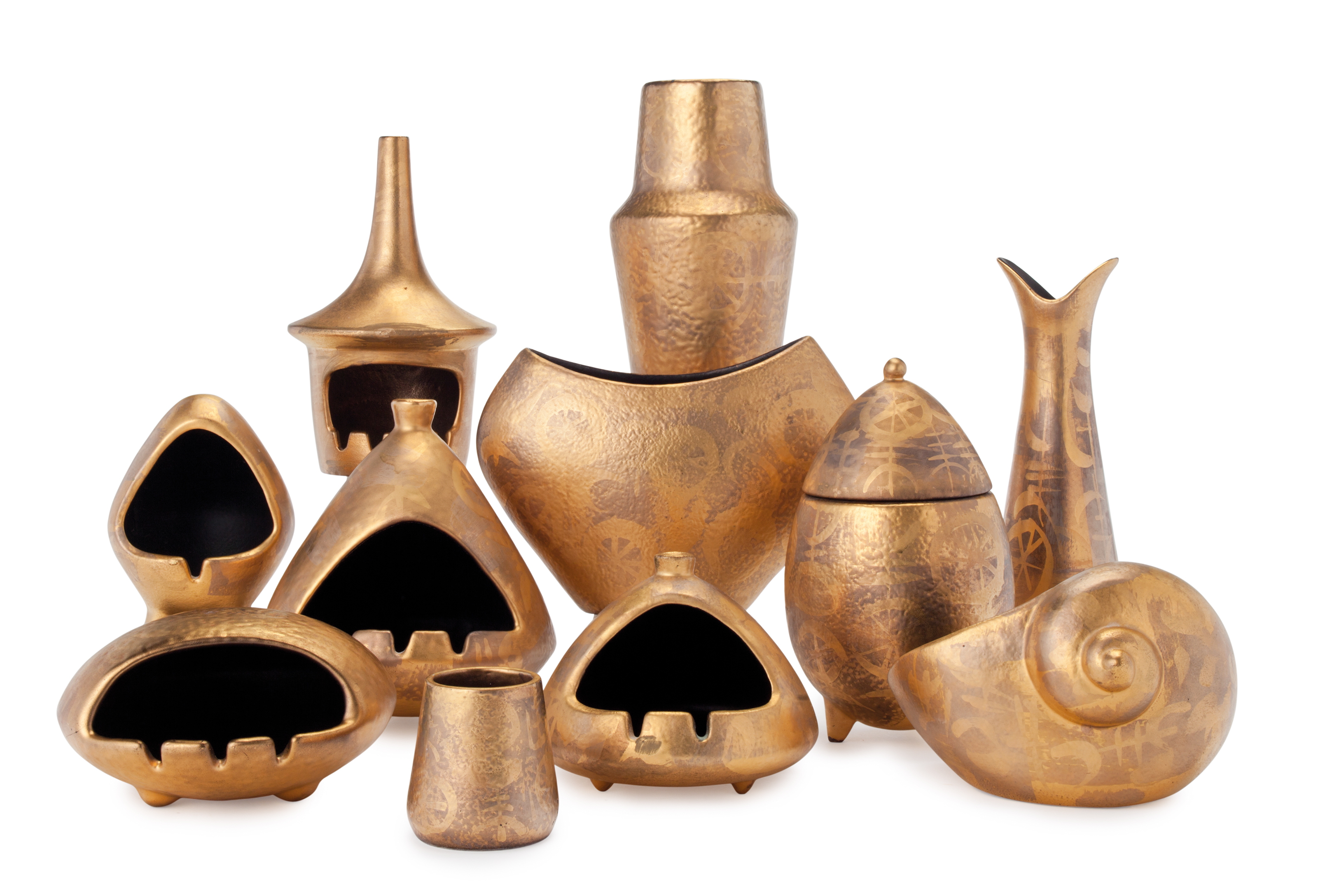 A GROUP OF ELEVEN SASCHA BRASTOFF GILT POTTERY VESSELS, THIRD QUARTER ...