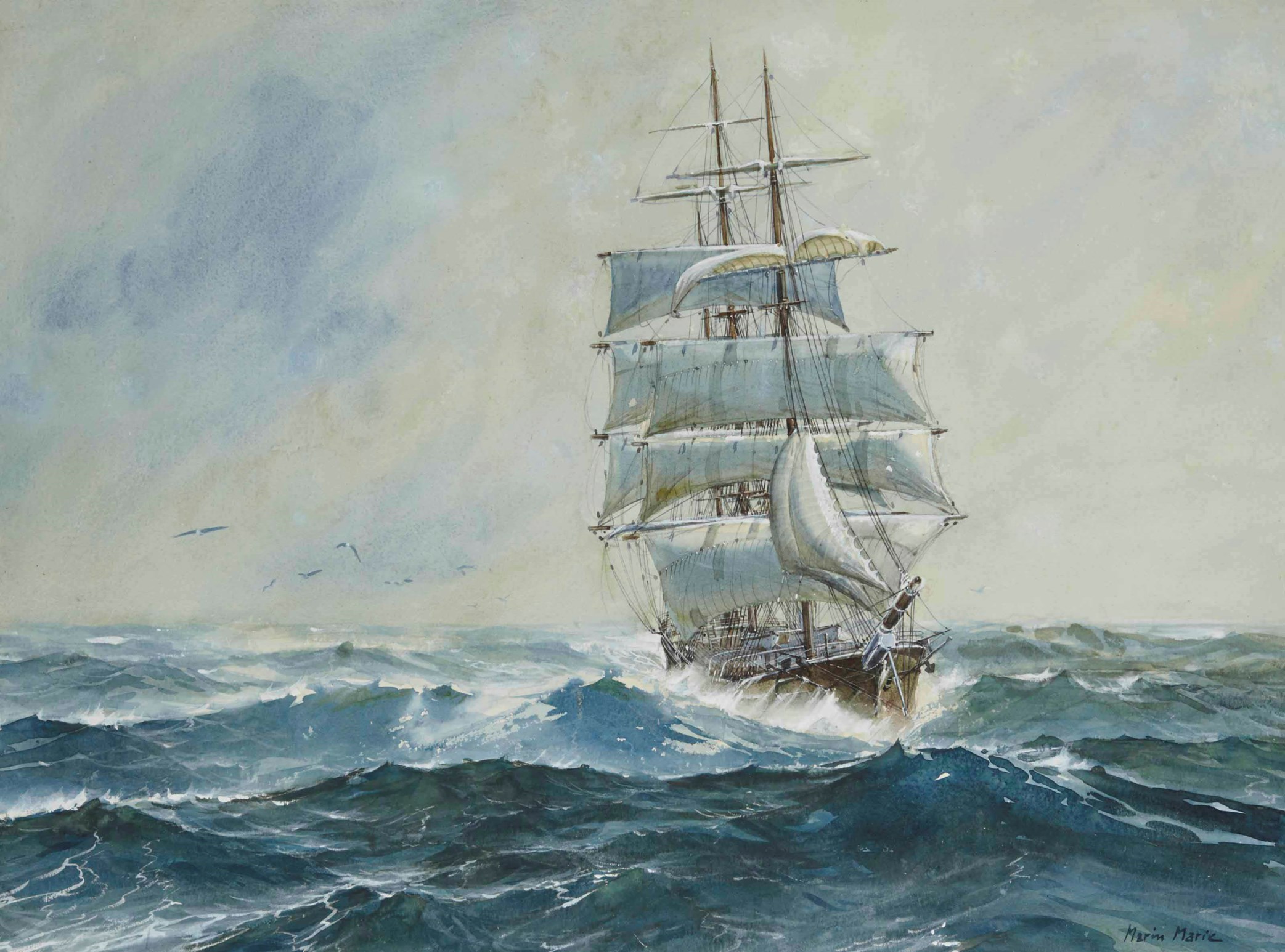 MARIN MARIE (1901-1987), Voilier à trois mâts sur une mer agitée ...