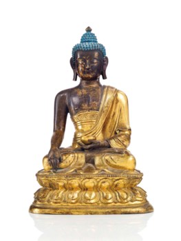 STATUE DE BOUDDHA SHAKYAMUNI EN BRONZE PARTIELLEMENT DORE