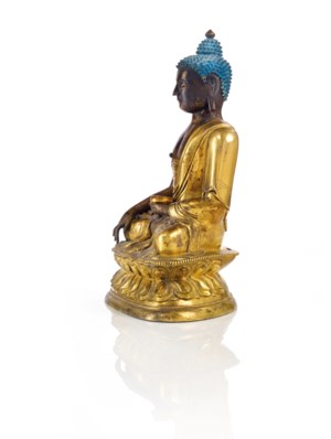 STATUE DE BOUDDHA SHAKYAMUNI EN BRONZE PARTIELLEMENT DORE, CHINE, DYNASTIE QING, DEBUT DU ...