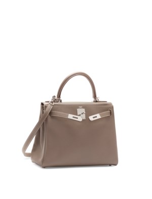 SAC KELLY COLLECTION CANDY RETOURNÉ 28 EN CUIR EPSOM ÉTOUPE, GARNITURE ...