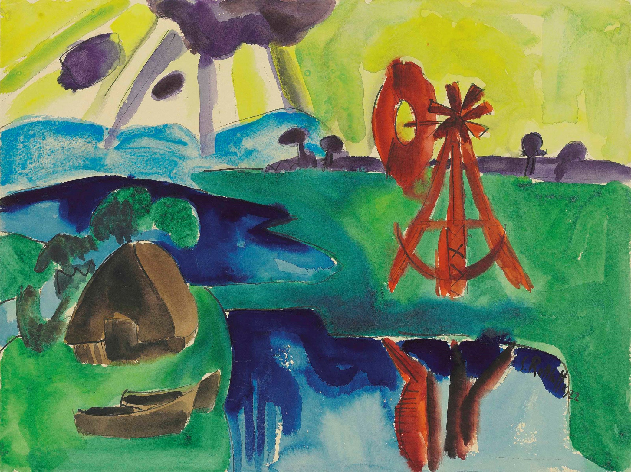 Karl Schmidt-Rottluff (1884-1976), Marschlandschaft mit rotem Windrad ...