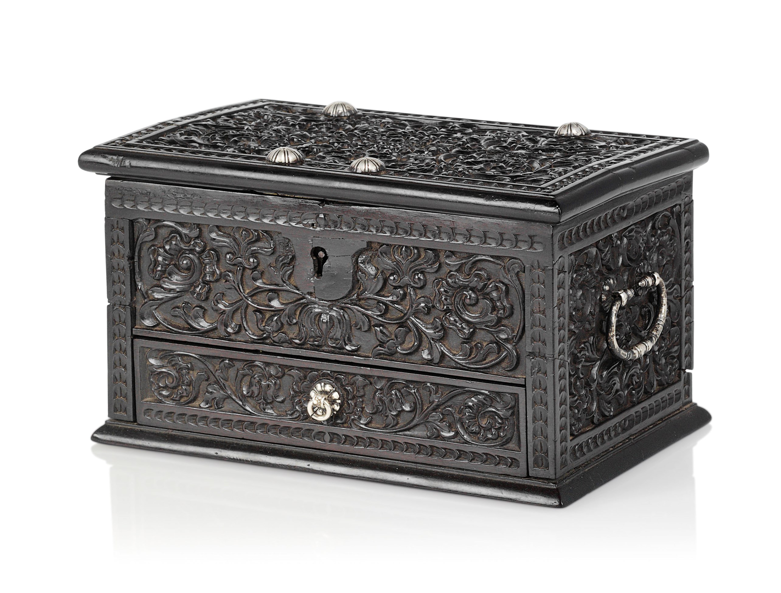 A DUTCH-COLONIAL SILVERED-METAL MOUNTED EBONY TABLE CASKET, LATE 17TH ...