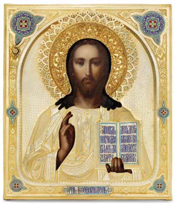 A SILVER-GILT CHAMPLEVÉ ENAMEL AND FILIGREE ICON OF CHRIST PANTOCRATOR ...