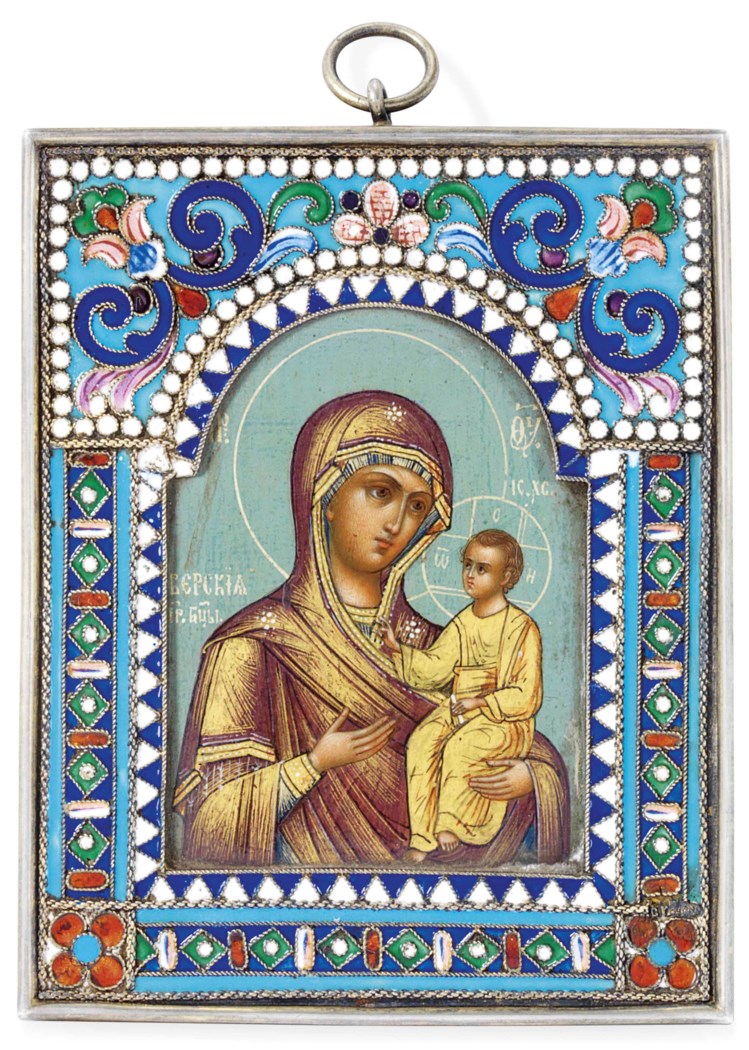 A SILVER-GILT CLOISONNÉ ENAMEL ICON OF IVERSKAIA MOTHER OF GOD, UNRECORDED MAKER'S MARK CYRILLIC ...