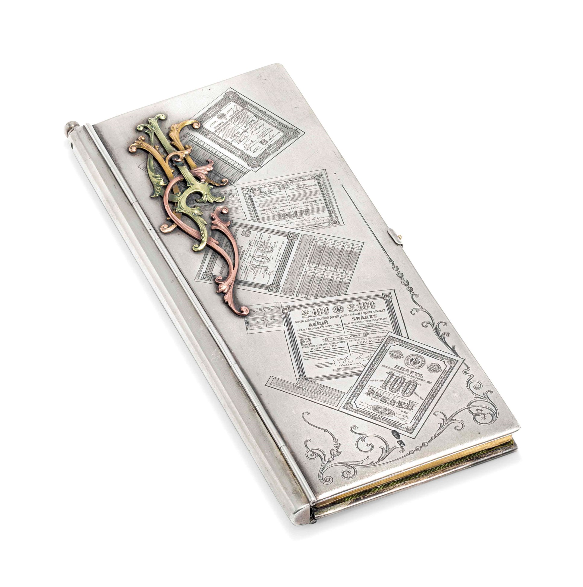 A THREE-COLOUR GOLD-MOUNTED SILVER FINANCIAL NOTEBOOK AND PENCIL, MAKER ...