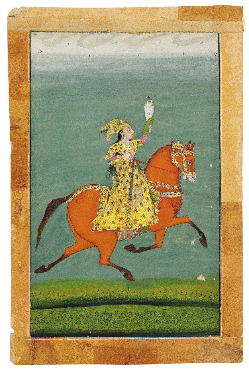 AN EQUESTRIAN PORTRAIT OF CHAND BIBI HAWKING, PROBABLY DECCAN, CENTRAL ...