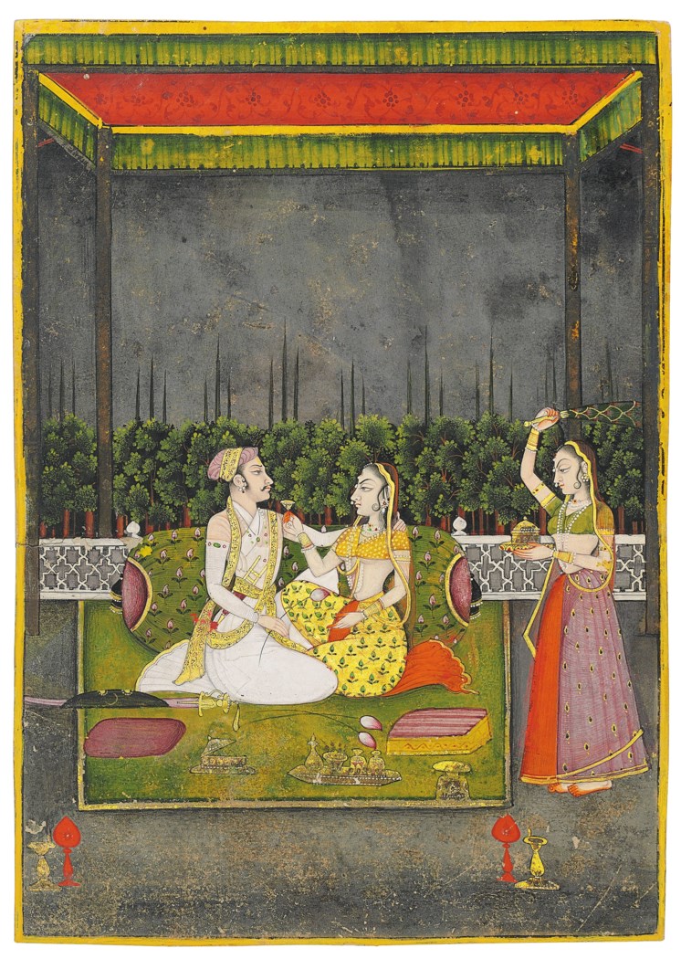 RAJA JAWAN SINGH SEATED WITH A COURTESAN ON A TERRACE AT NIGHT ...