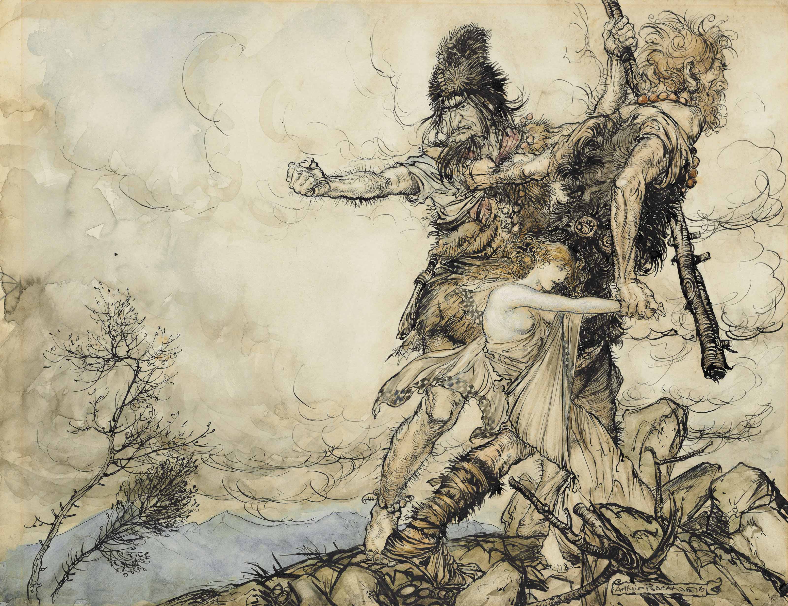 Arthur Rackham, R.W.S. (1867-1939) , The giants Fasolt and Fafner ...