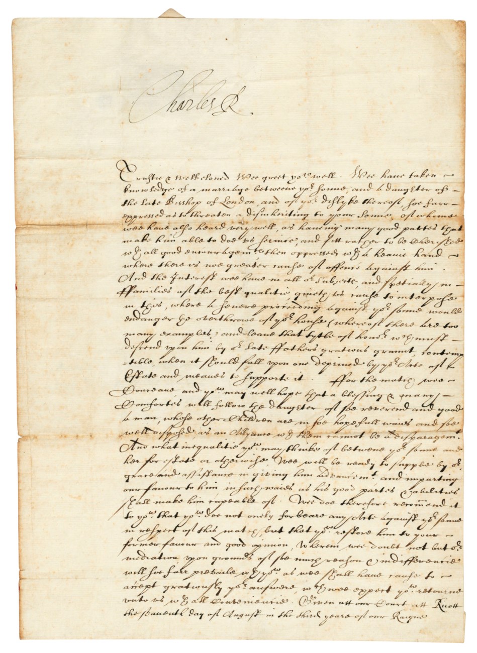 CHARLES I (1600-1649), King of England, Scotland and Ireland. Letter ...