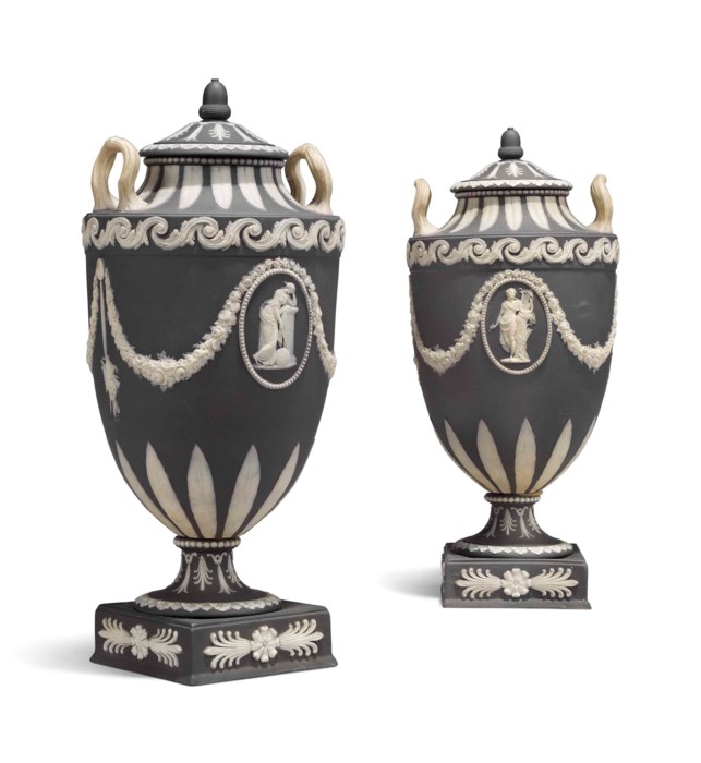 A PAIR OF WEDGWOOD BLACK JASPERWARE TWO-HANDLED VASES AND COVERS, 20TH ...