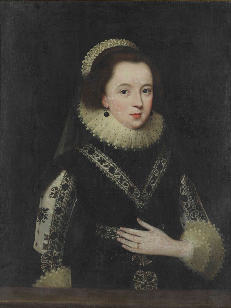 English School, circa 1620, Portrait of a lady, half-length, in a black ...