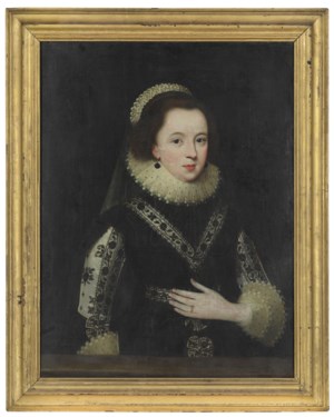 English School, circa 1620, Portrait of a lady, half-length, in a black ...