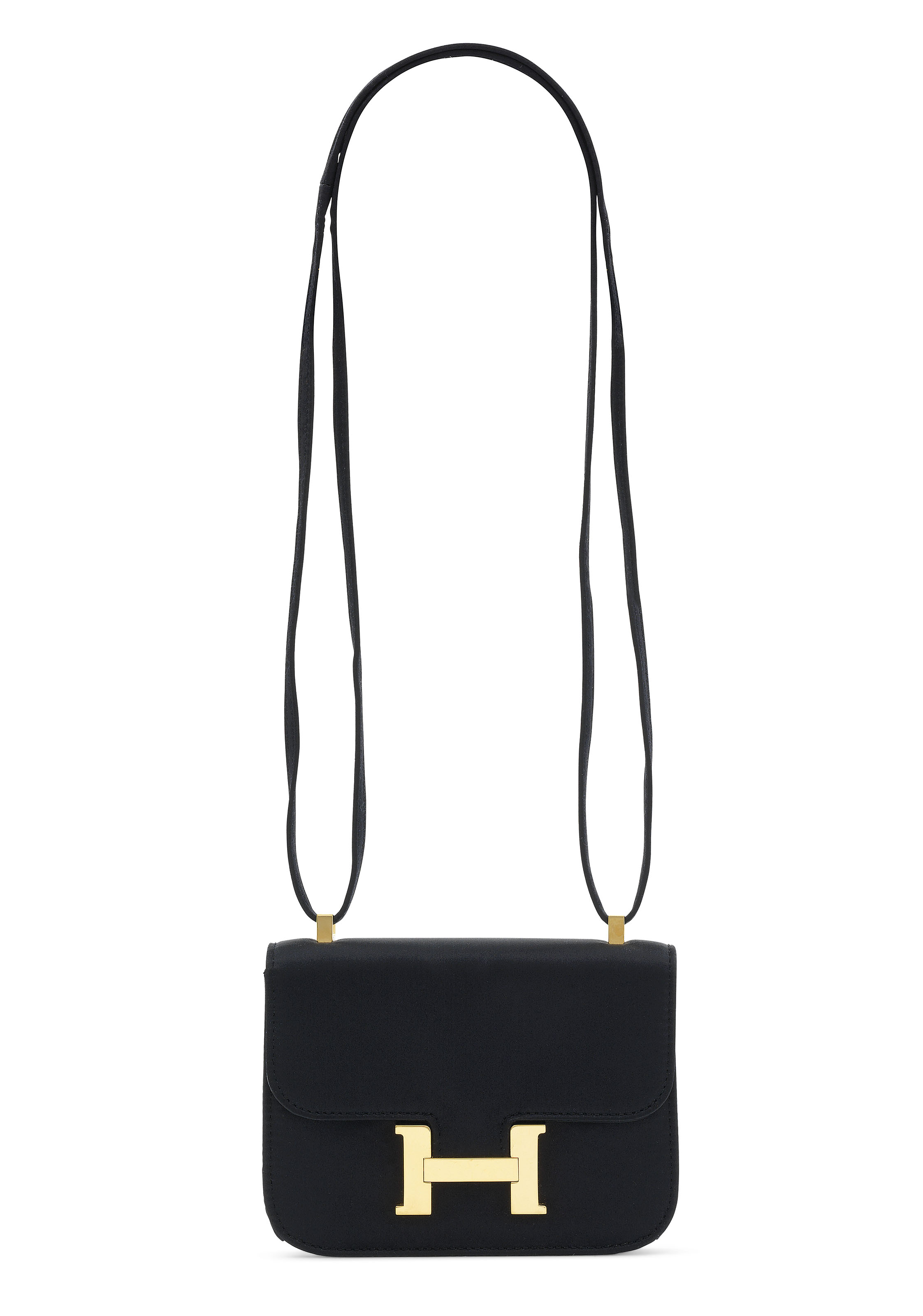 A BLACK SATIN MICRO MINI CONSTANCE 15 WITH GOLD HARDWARE