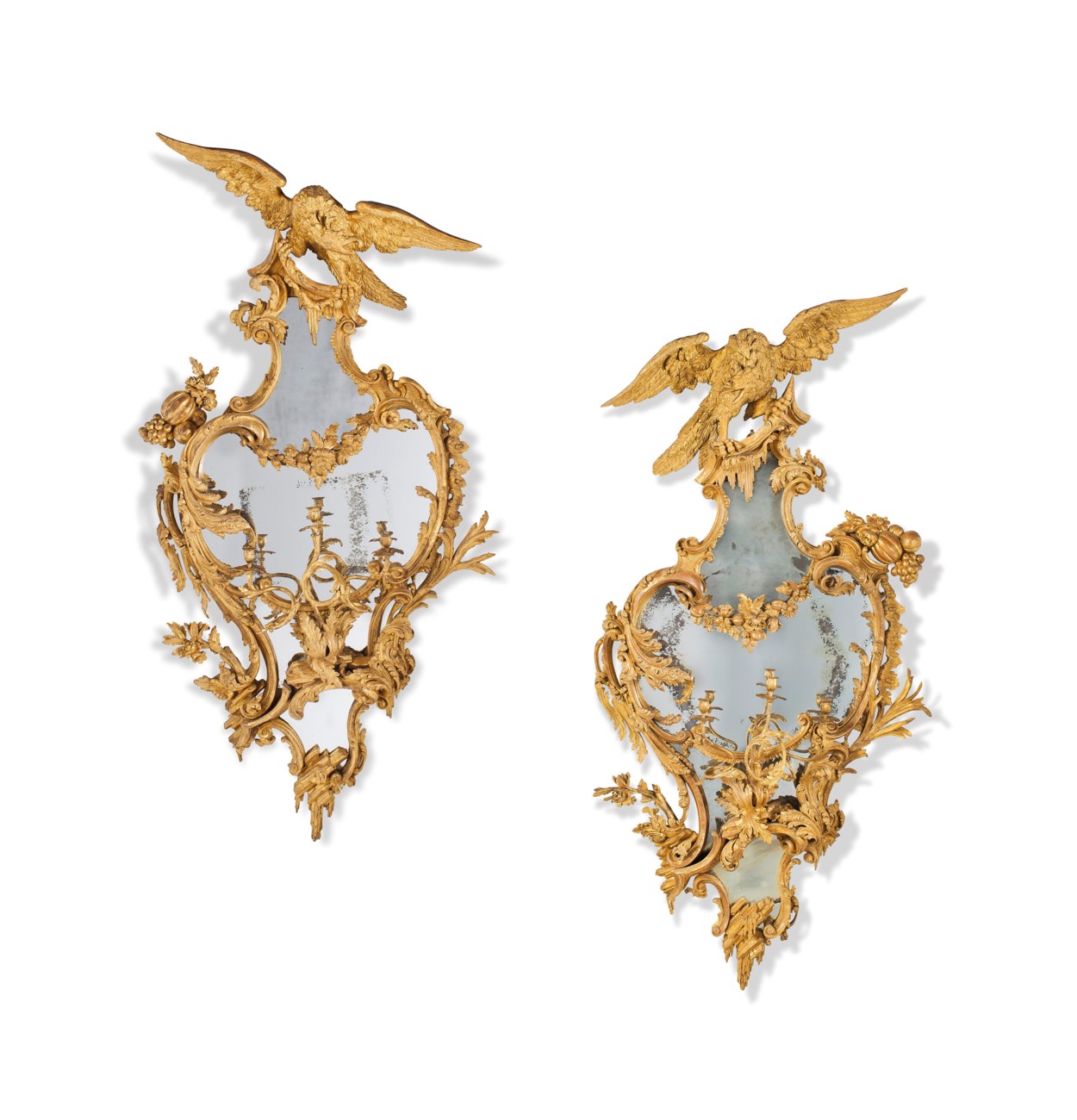 A PAIR OF GEORGE II GILTWOOD GIRANDOLE MIRRORS, CIRCA 1755, POSSIBLY BY ...