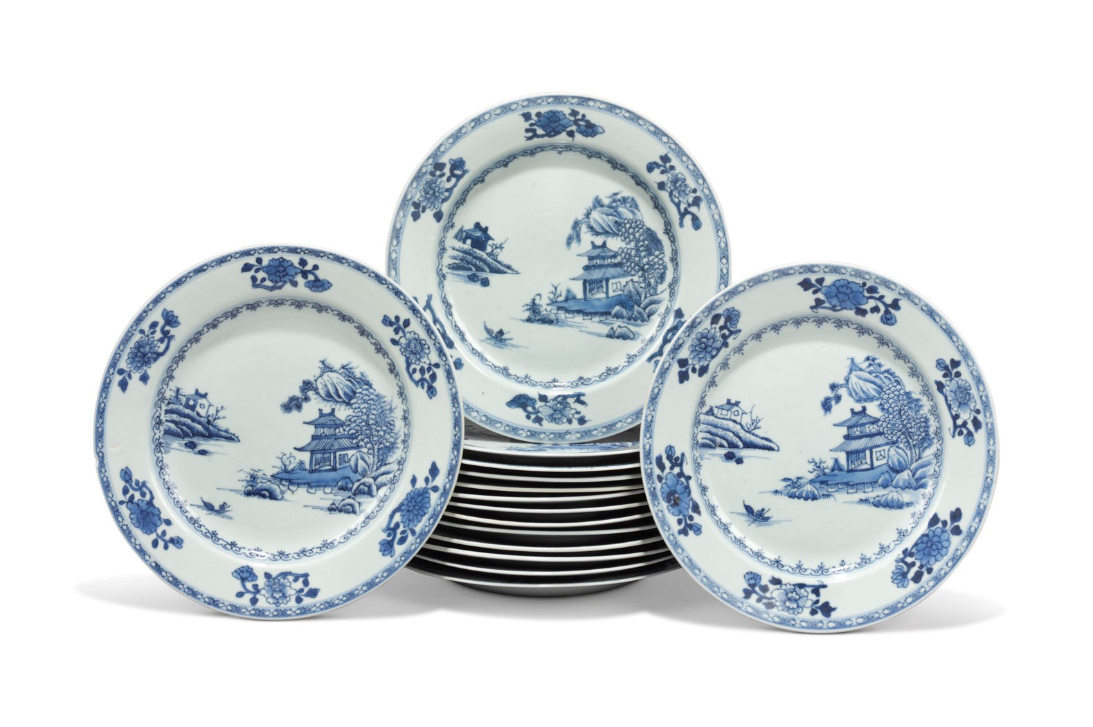 A SET OF FIFTEEN CHINESE BLUE AND WHITE 'NANKING CARGO' PLATES ...