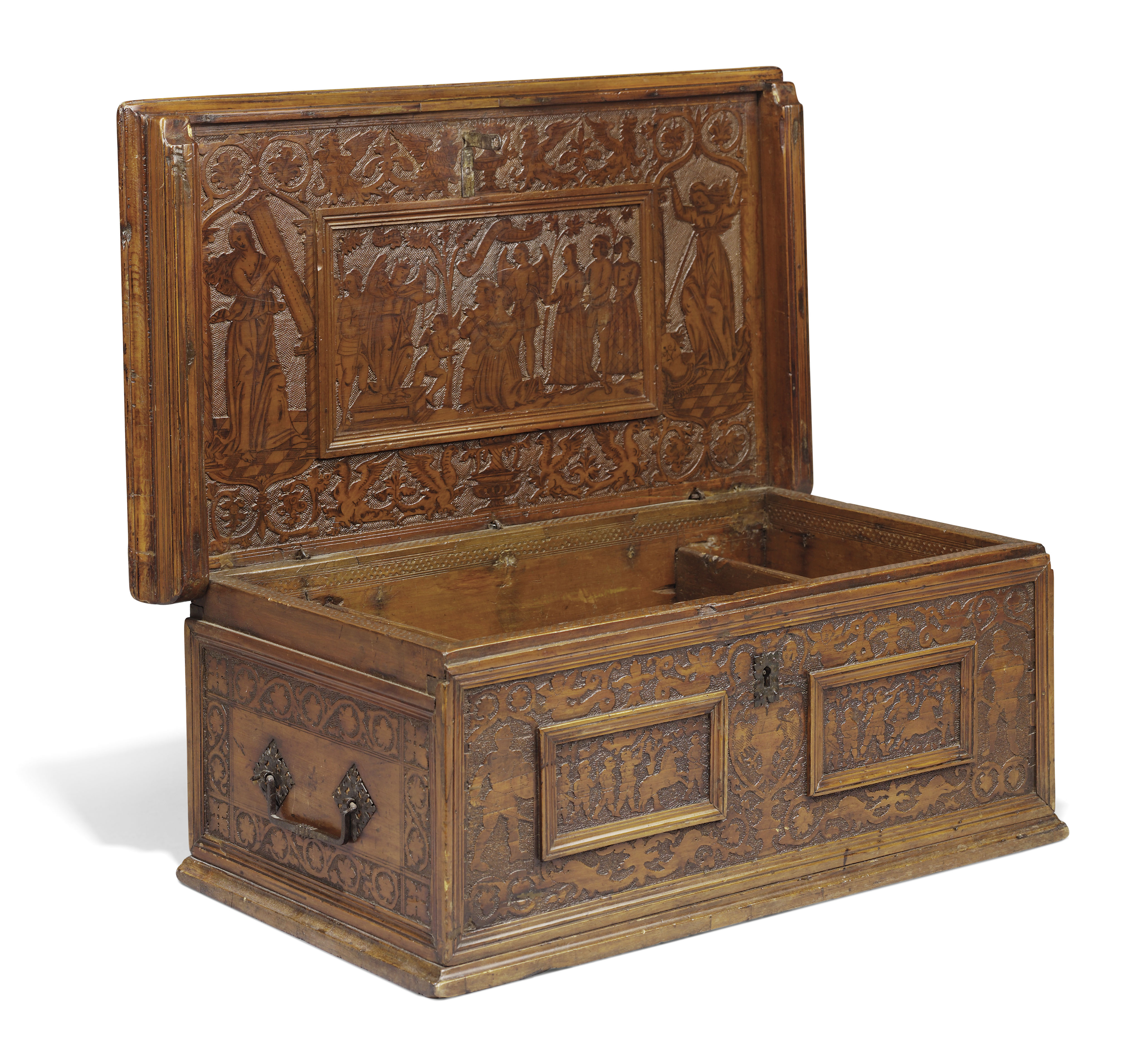 A VENETIAN CARVED POKERWORK CEDAR BOX