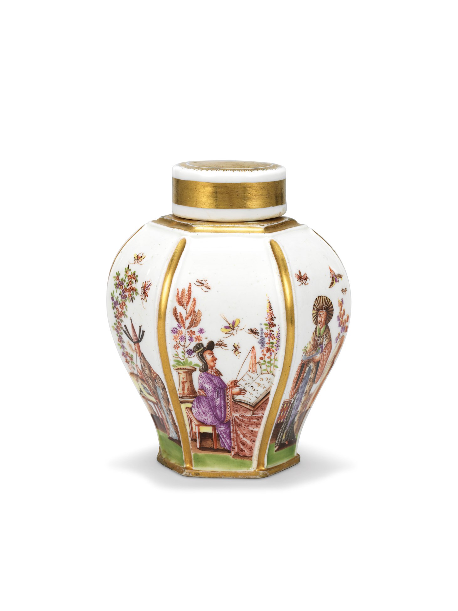 A MEISSEN PORCELAIN CHINOISERIE HEXAGONAL BALUSTER TEACADDY AND A COVER