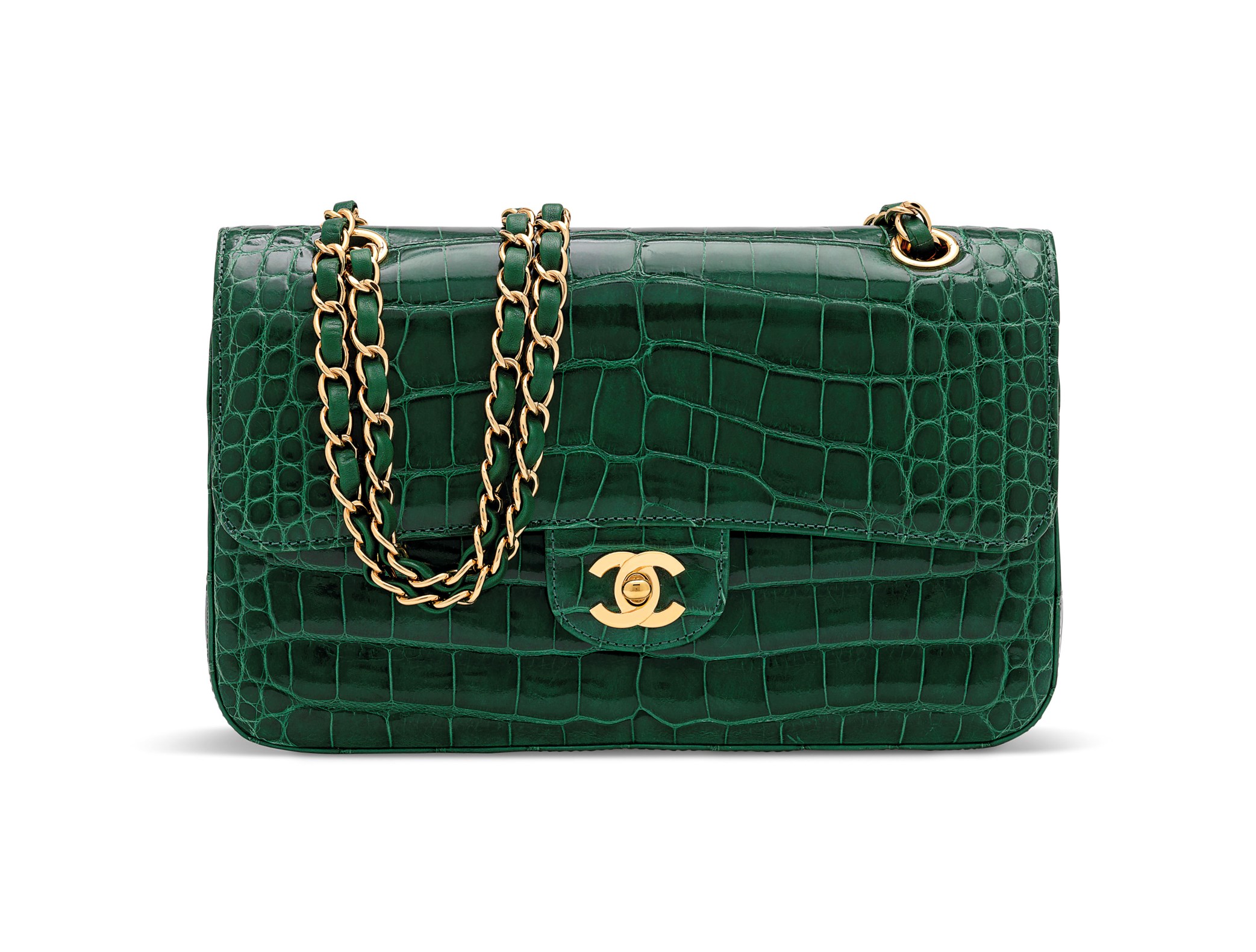 A SHINY GREEN ALLIGATOR MEDIUM DOUBLE FLAP BAG WITH GOLD HARDWARE ...