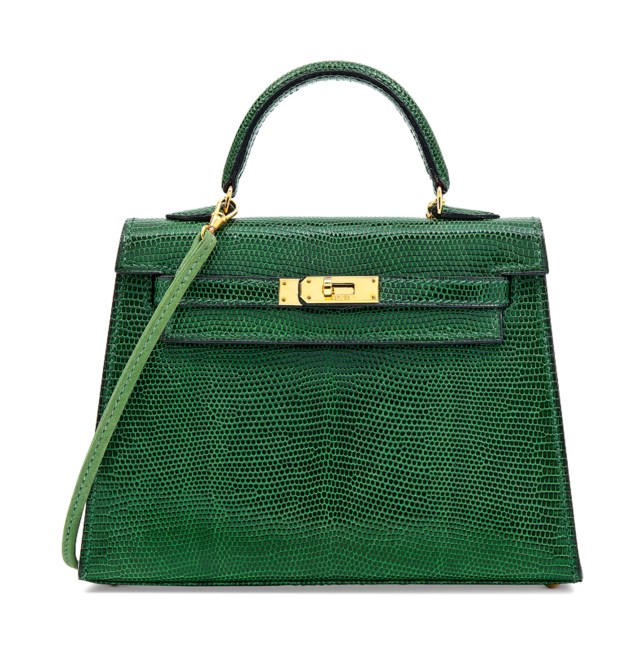 A SHINY VERT ÉMERAUDE SALVATOR LIZARD MICRO MINI KELLY 15 WITH GOLD ...