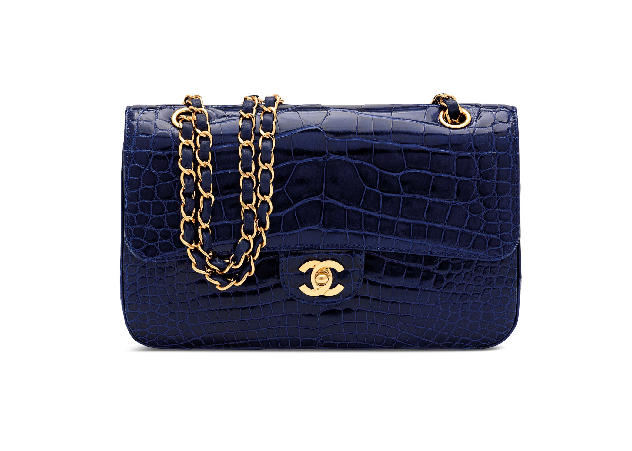 A SHINY BLUE ALLIGATOR MEDIUM DOUBLE FLAP BAG WITH GOLD HARDWARE ...