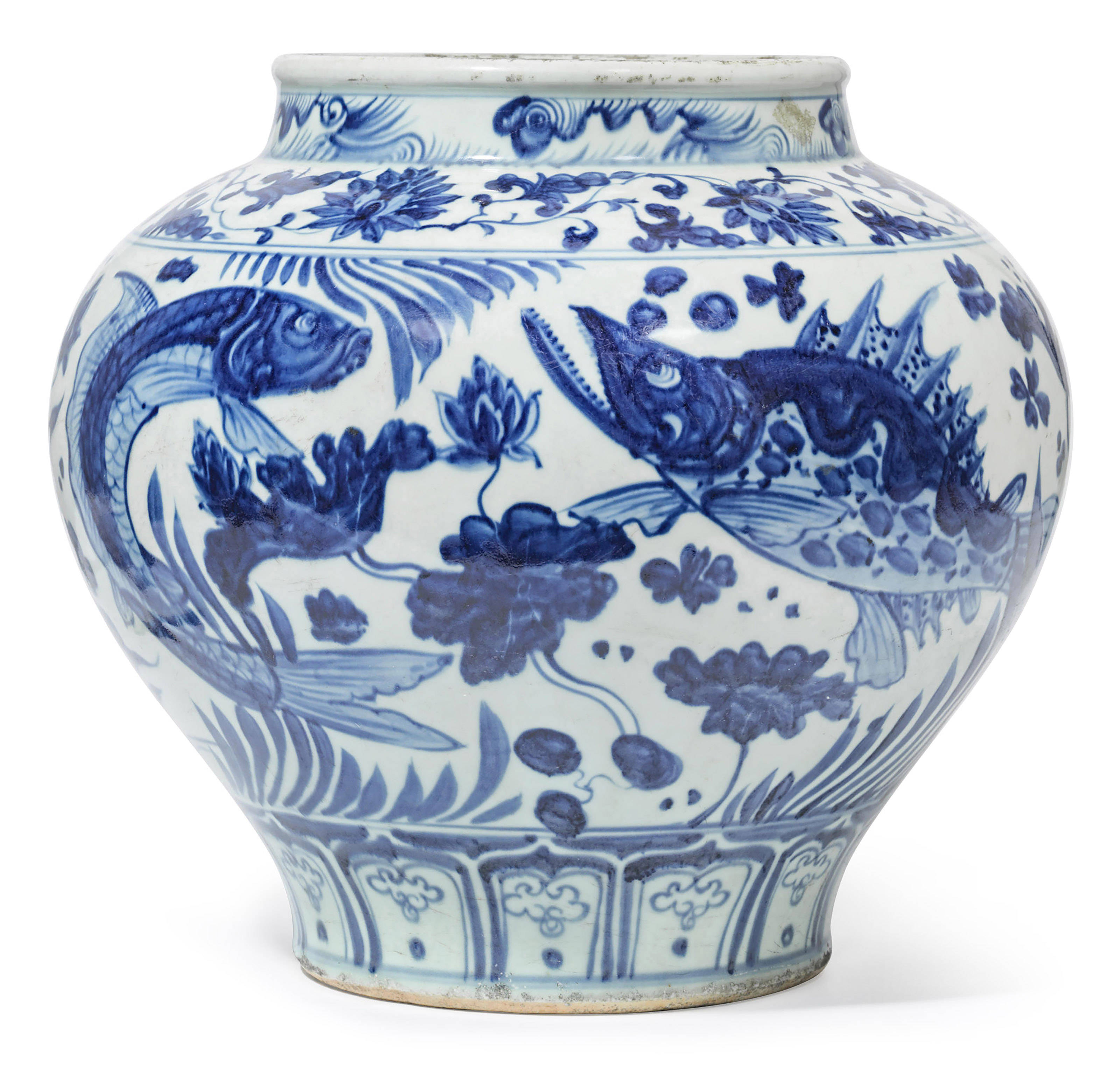 A YUAN-STYLE BLUE AND WHITE 'FISH' JAR, GUAN, QING DYNASTY (1644-1911 ...