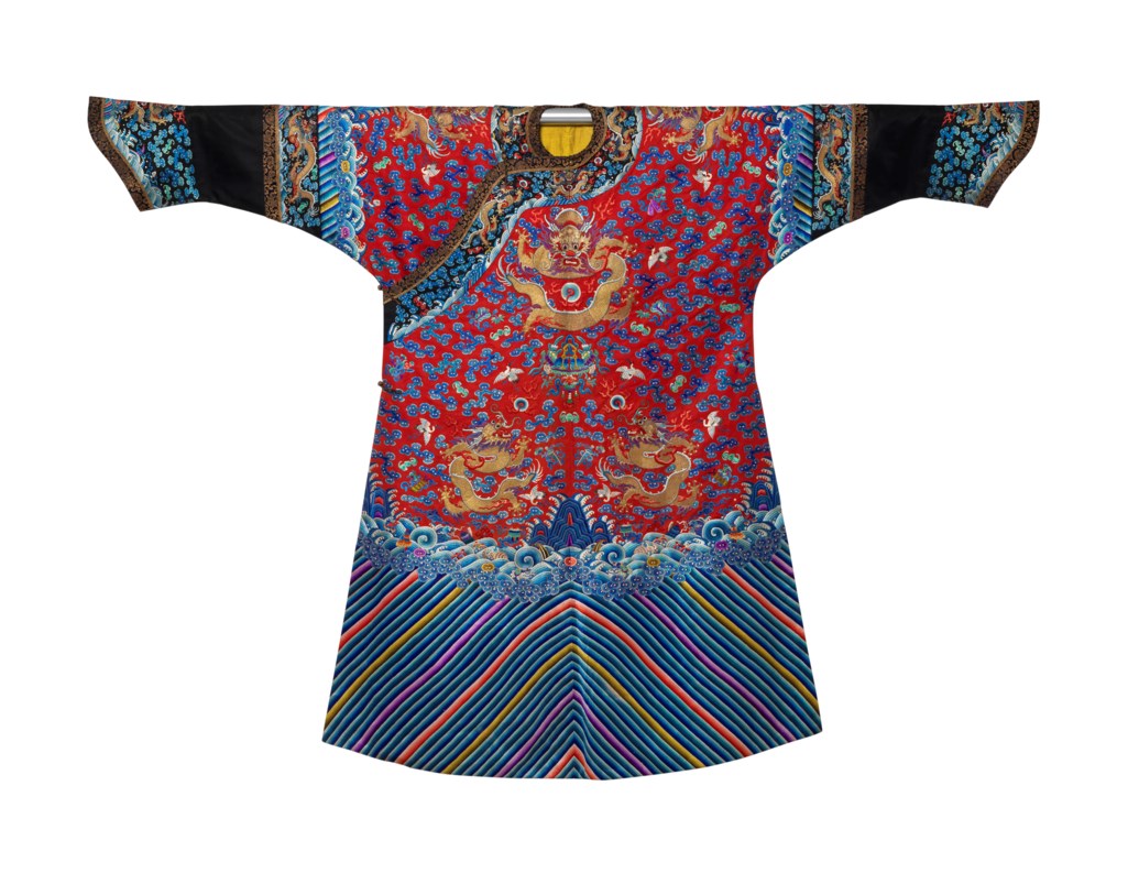 AN EMBROIDERED RED-GROUND SILK COURT ROBE, JIFU, EARLY 20TH CENTURY ...