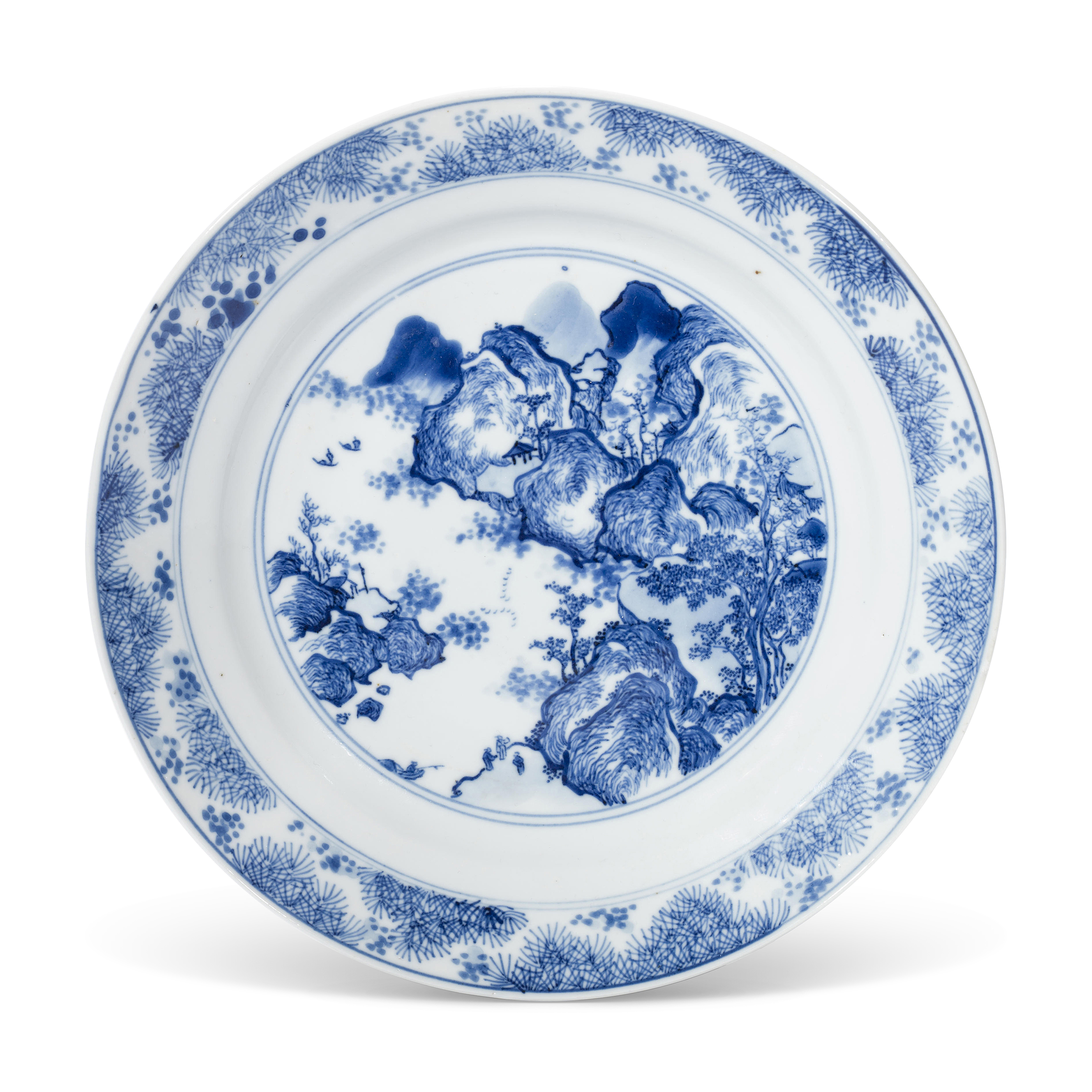A BLUE AND WHITE 'MASTER OF THE ROCKS' DISH, KANGXI PERIOD (1662-1722 ...