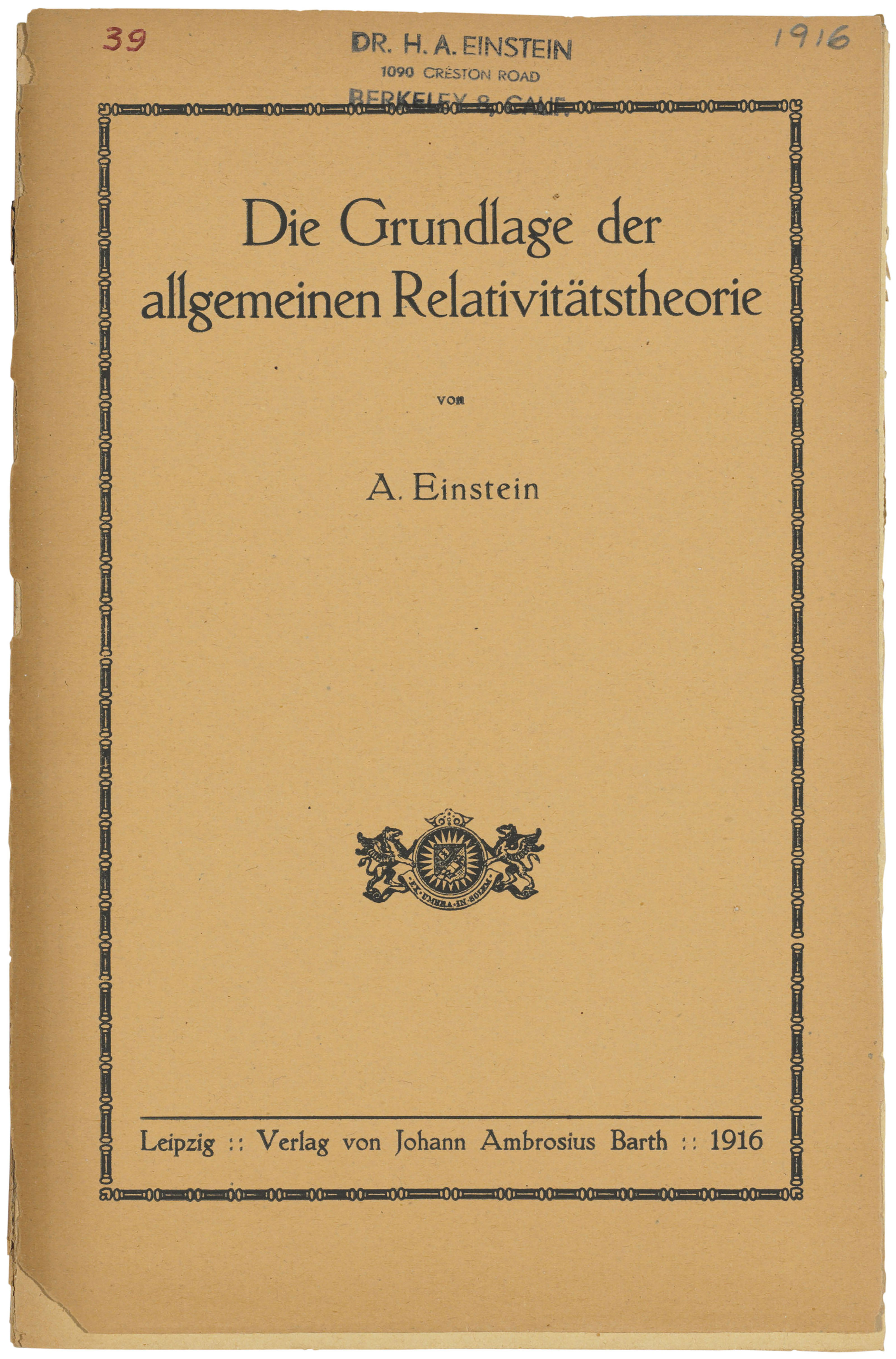 Hans Albert Einstein’s copy of his father’s greatest contribution to ...