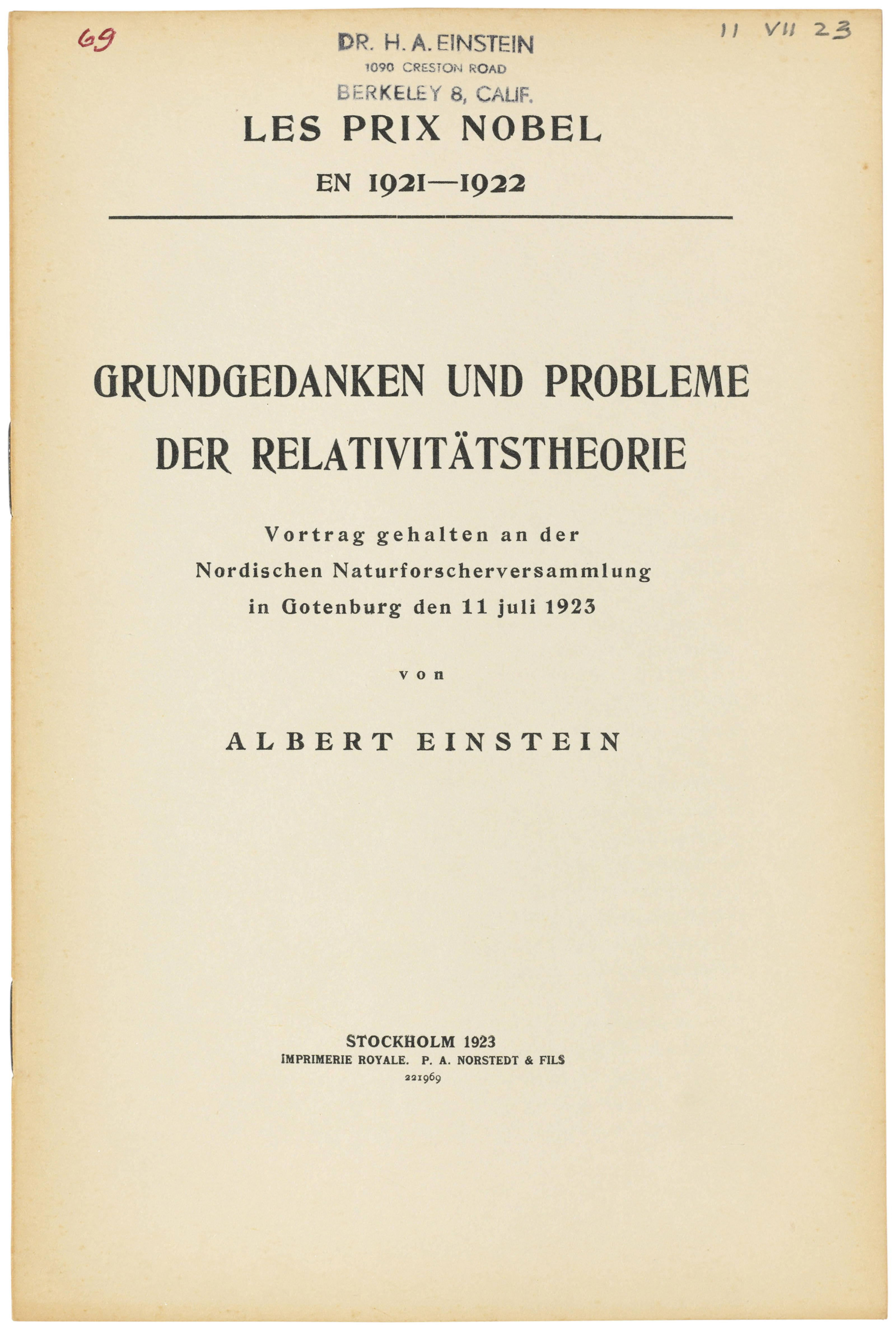 Hans Albert Einstein’s copy of his father’s Nobel Prize speech, Albert ...