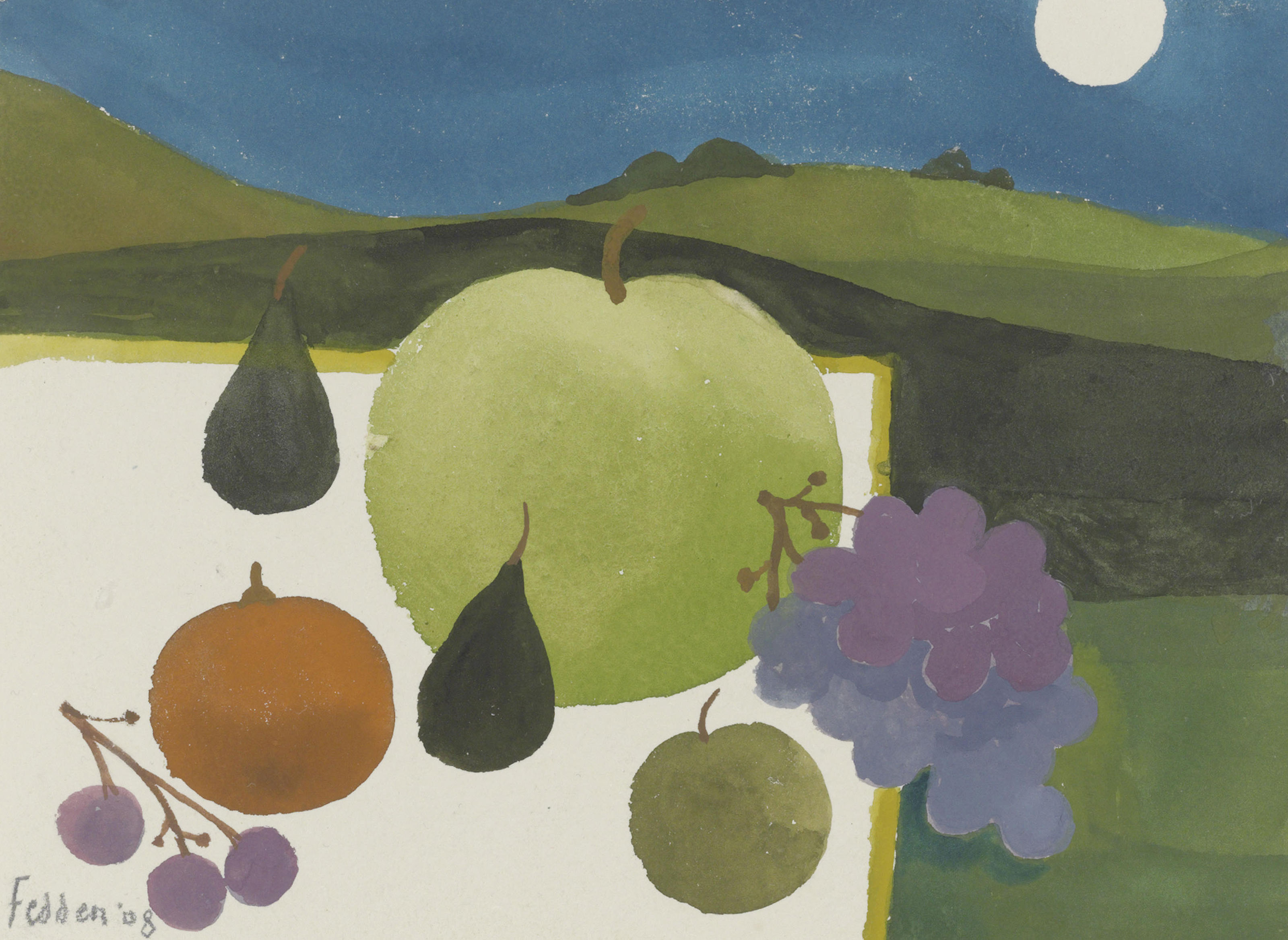 MARY FEDDEN, R.A. (1915-2012), Still life with apple and grapes ...