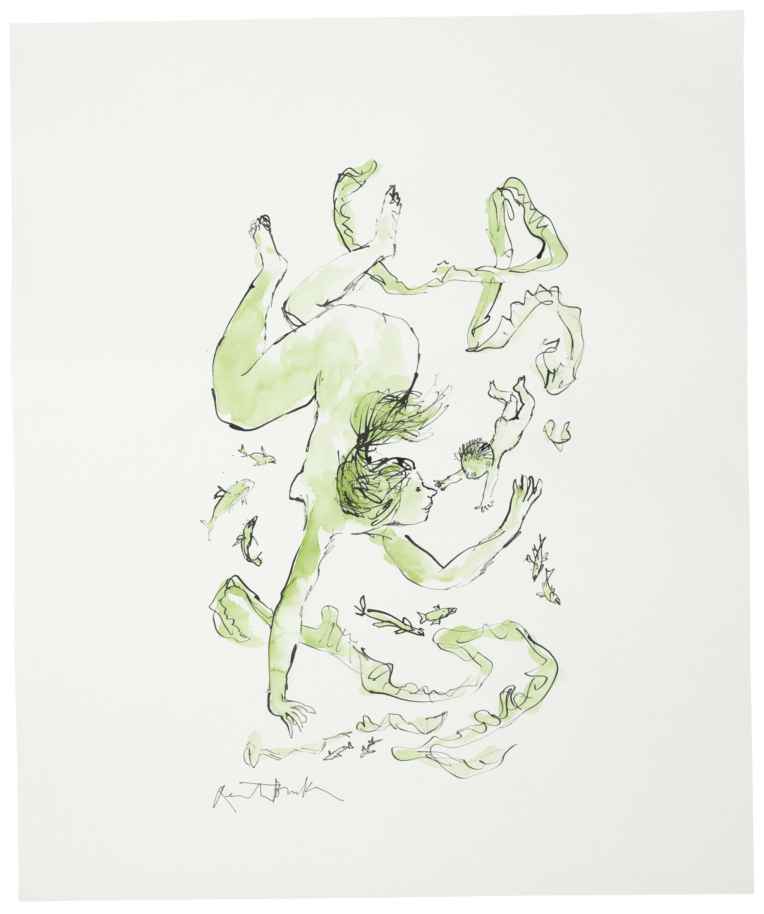 Quentin Blake (b. 1932), Mother and baby underwater, in green | Christie’s