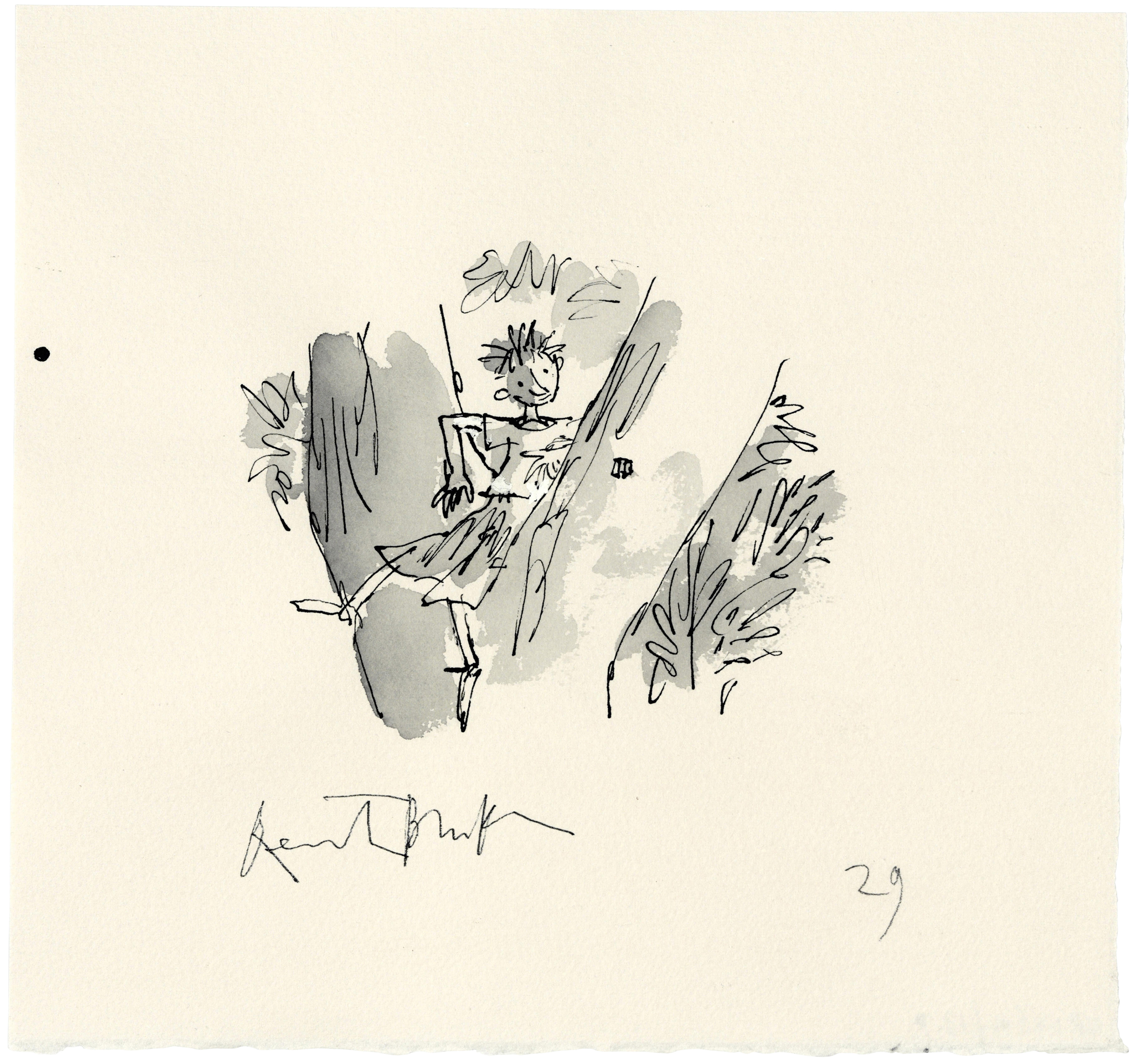 Quentin Blake (b. 1932), Billy sitting in a tree, looking at a tiny ...