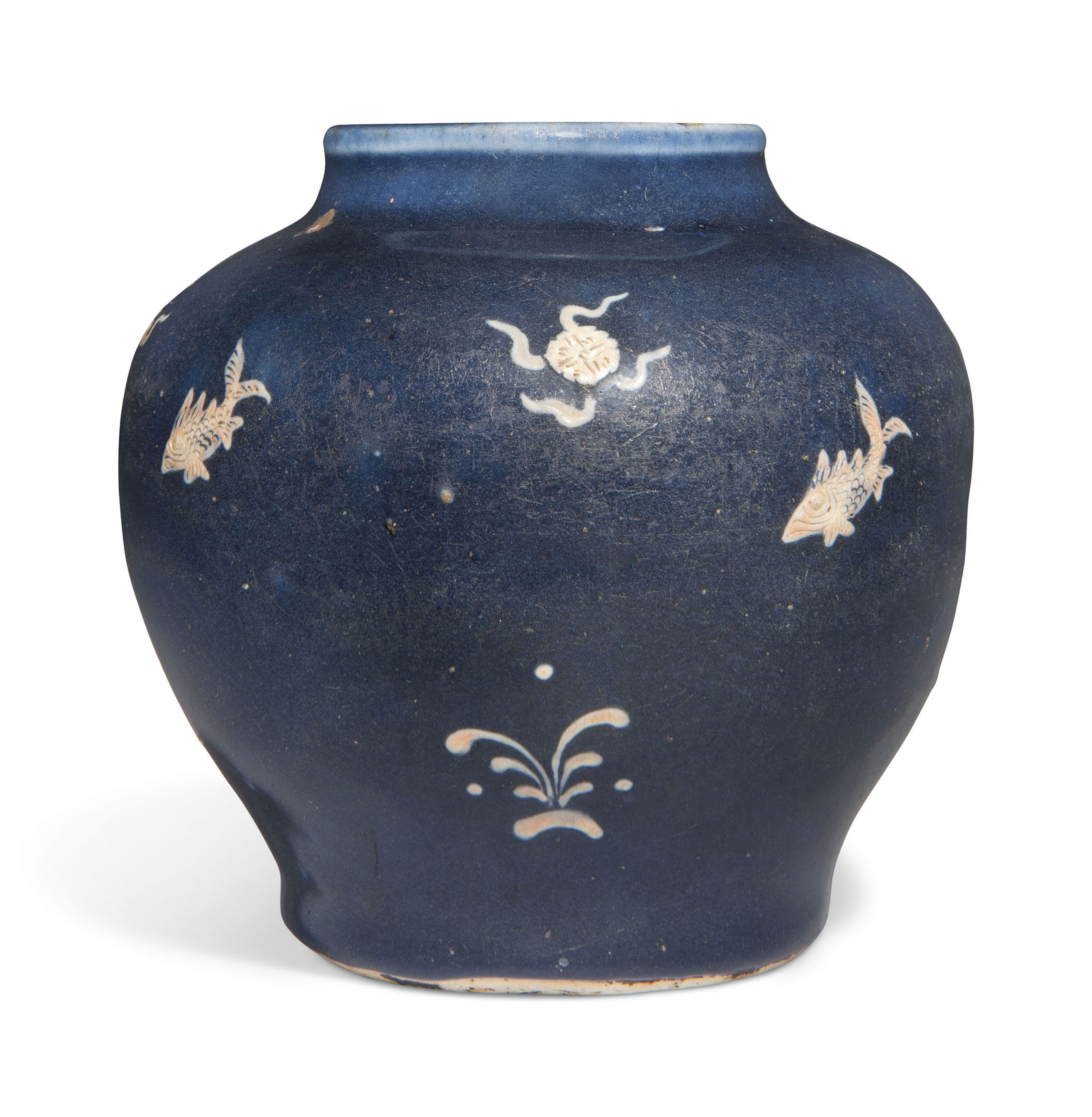 A CHINESE BLUE-GLAZED ‘FISH’ JAR