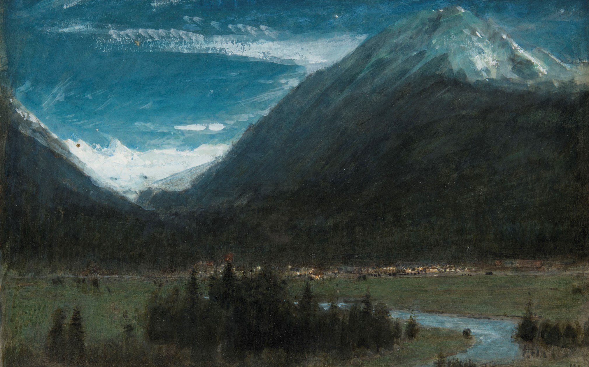 Albert Goodwin, R.W.S. (1845-1932), Moonlight at Pontresina, Engadine ...