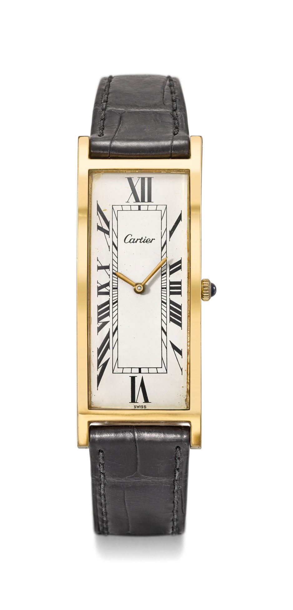 Cartier. A very fine and rare 18K gold-plated rectangular wristwatch ...